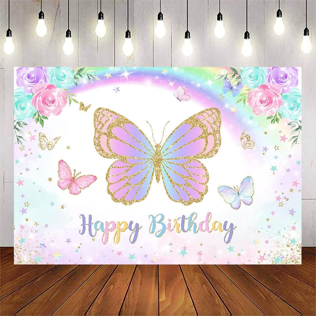 Purple Butterfly Happy Birthday Backdrop Rainbow Floral Butterfly ...