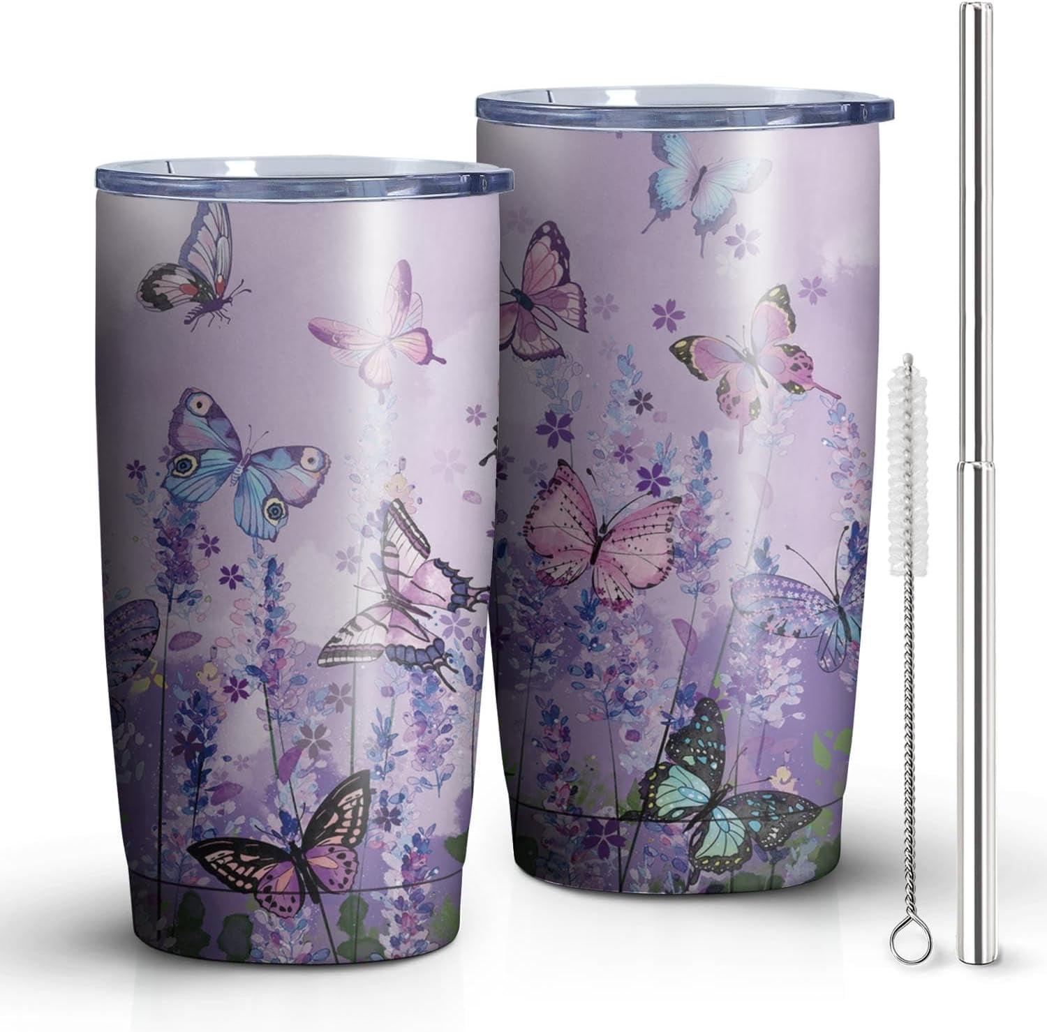 Purple Butterfly Insulated Coffee Cup 20 Oz Stainless Steel Tumbler with Lid and Straw, Thermal ...