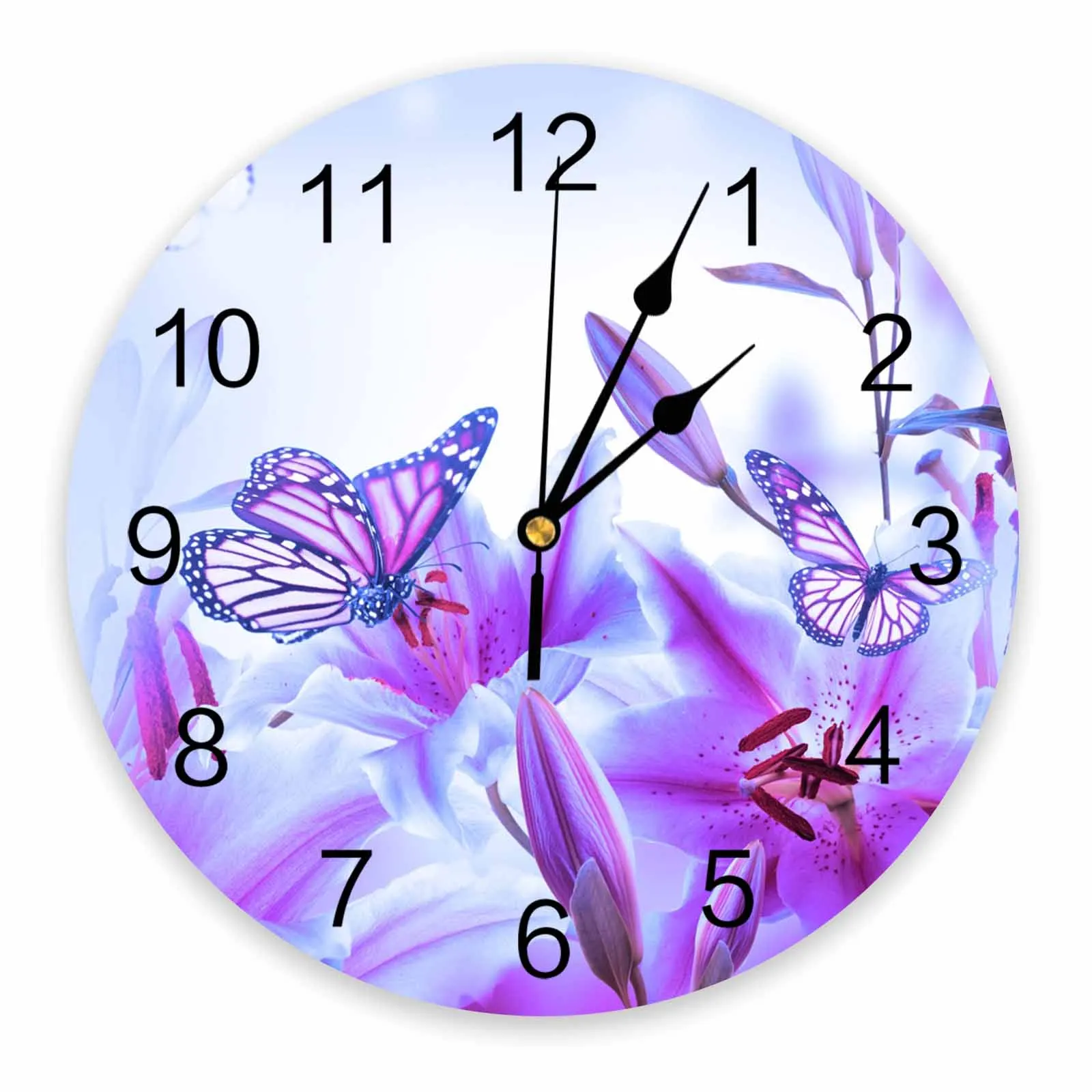 Purple Butterfly Lily Flower Decorative Round Wall Clock Arabic ...