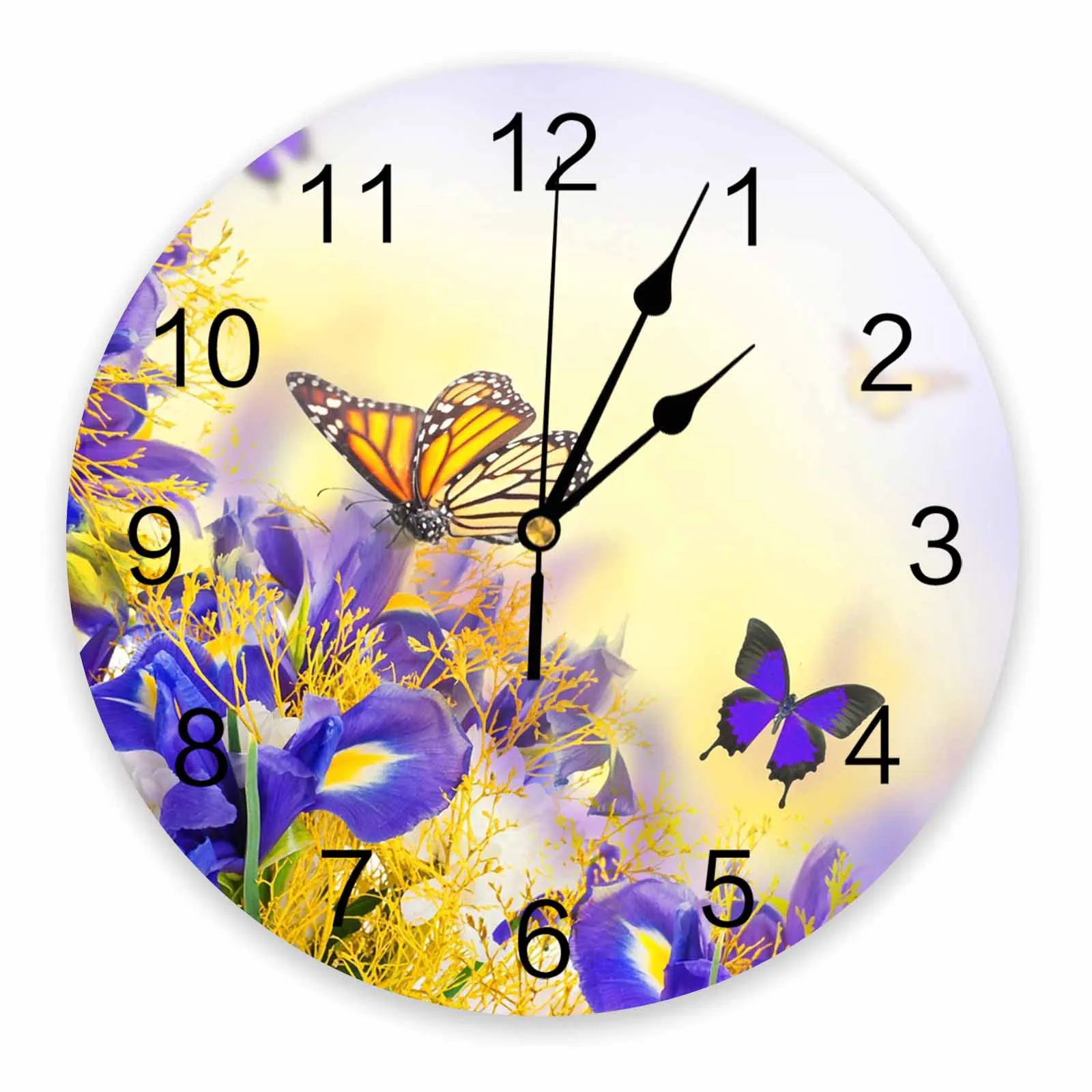 Purple Butterfly Lily Flower Decorative Round Wall Clock Arabic ...