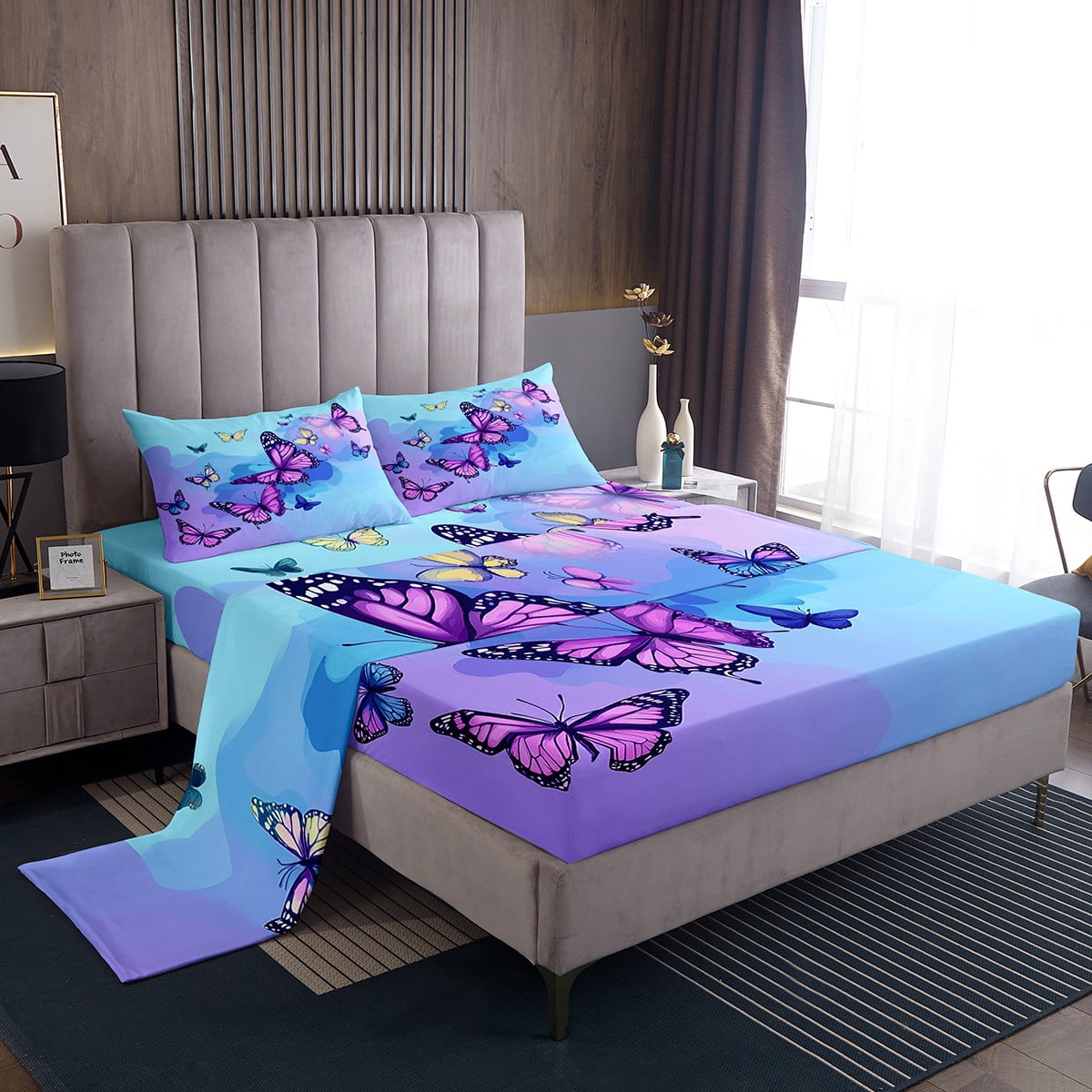 Purple Butterfly Queen Bed Sheets Set for Girls Boys Kids Blue Purple ...