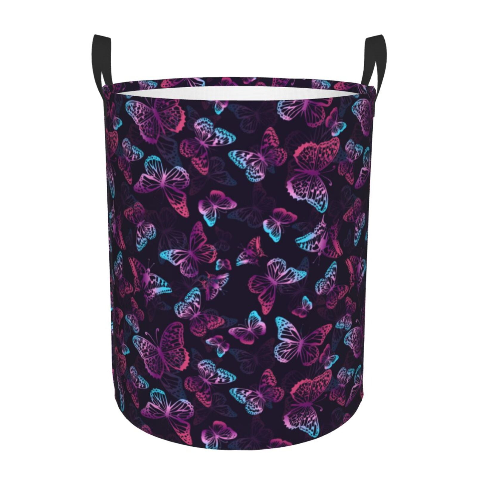 Purple Butterfly Round Laundry Basket, Laundry Hamper with Handle ...