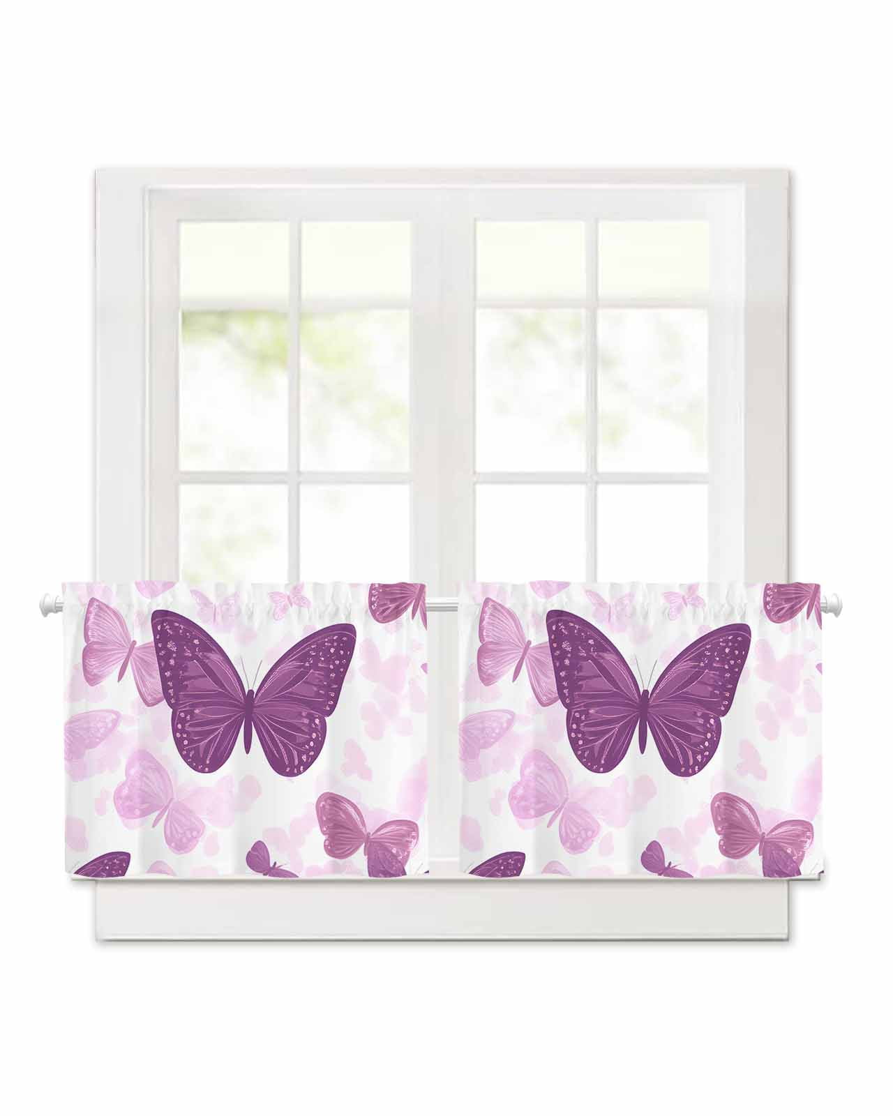 Purple Butterfly Short Blackout Curtains 30 Inch Long Pink Bug Modern Art Cartoon Style Rod ...