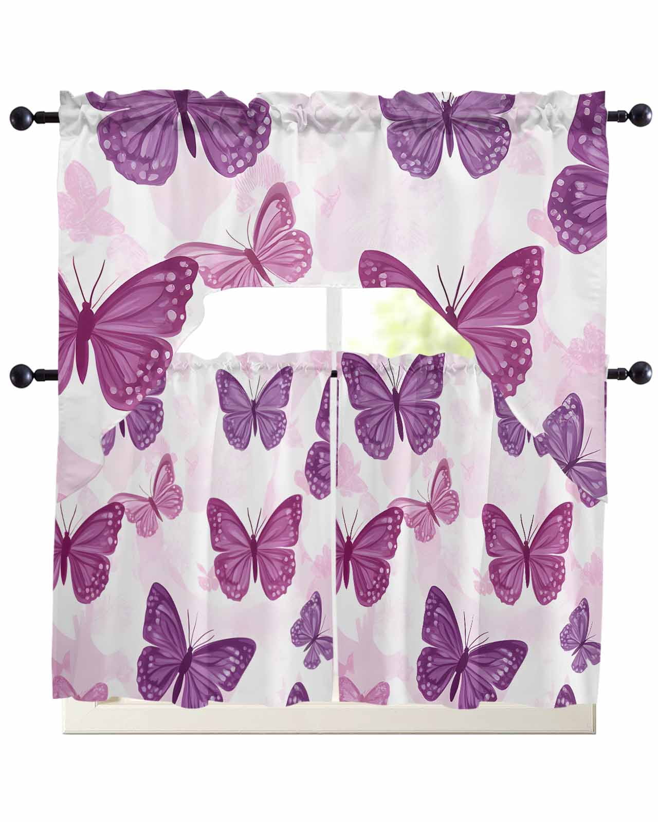 Purple Butterfly Swag Valance and Tier Curtains Set Cartoon Cute Style ...