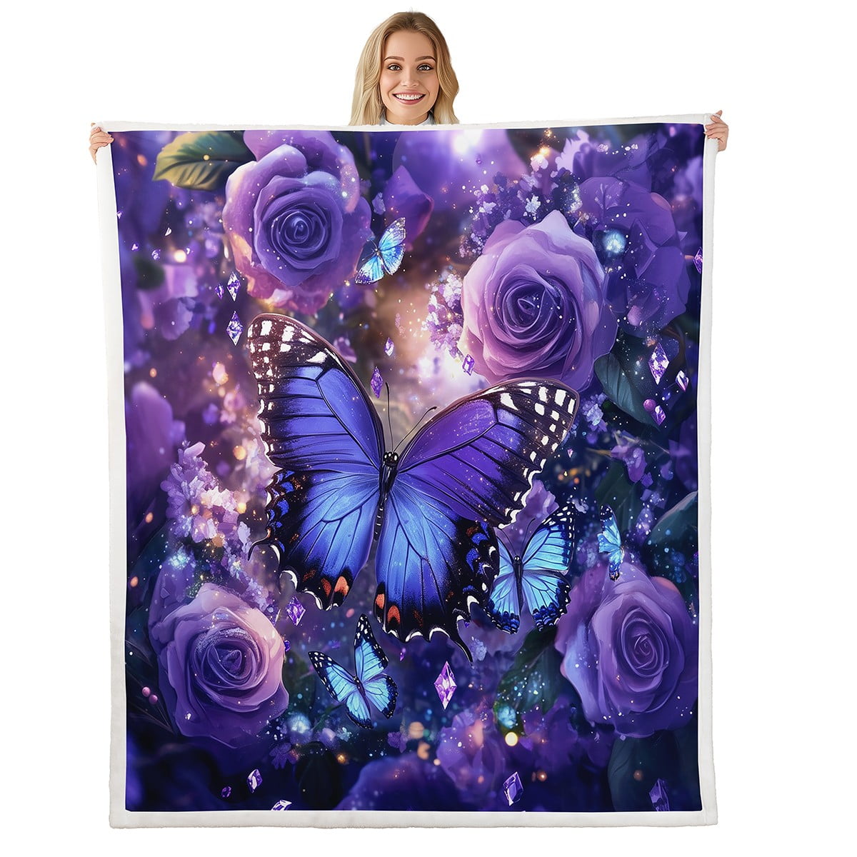 Purple Butterfly Throw 50"X60" Fleece Blanket Rose Flower Print Woman Adult Sherpa Blanket ...