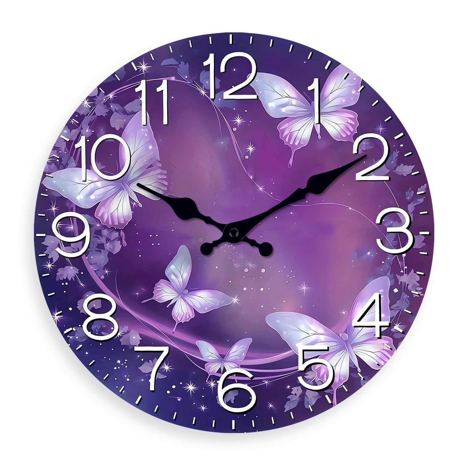 Purple Butterfly Wall Clock 16 Inch Silent Non Ticking Battery Operated ...