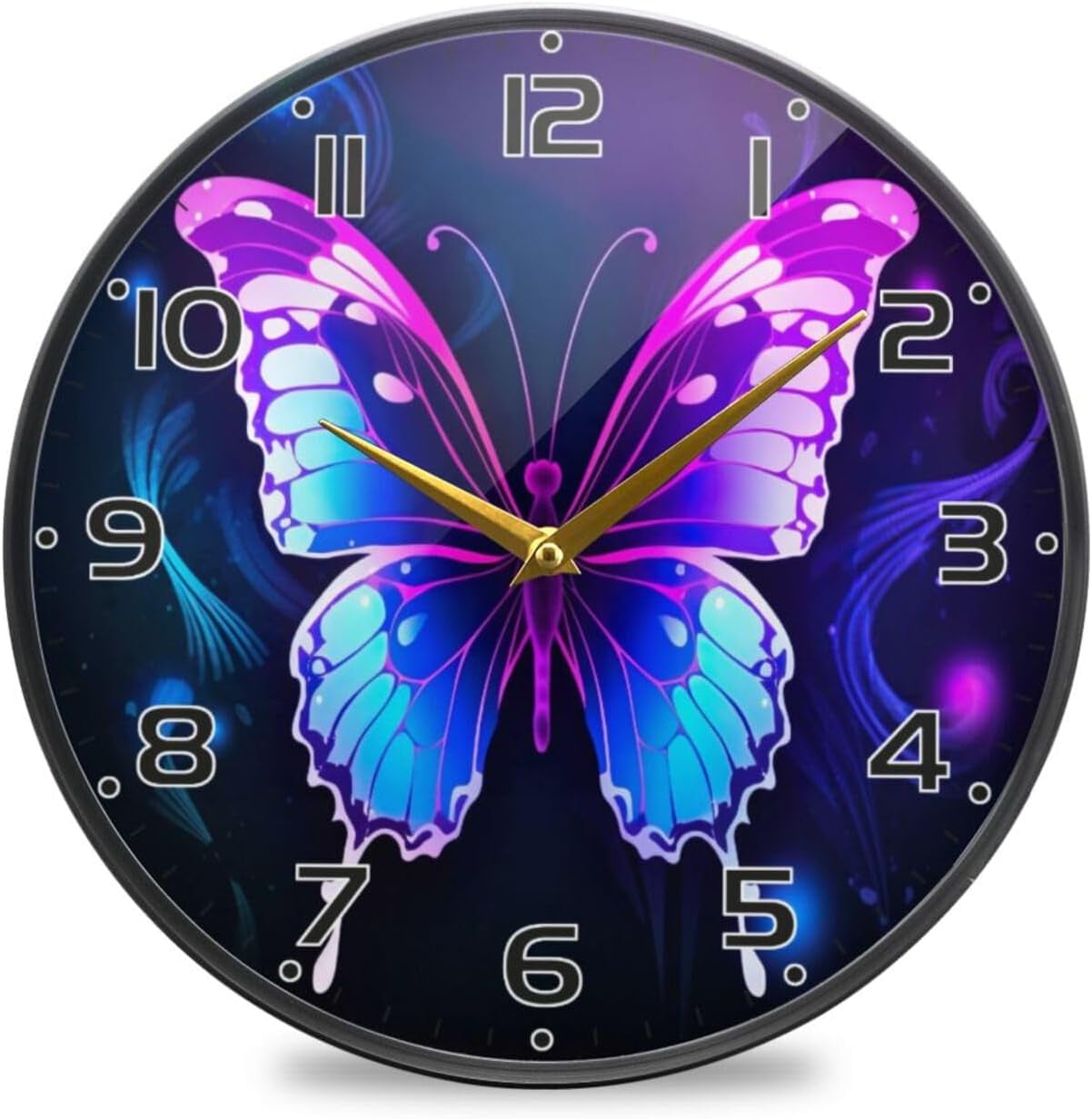 Purple Butterfly Wall Clock Round Silent Non Ticking Battery Operated ...