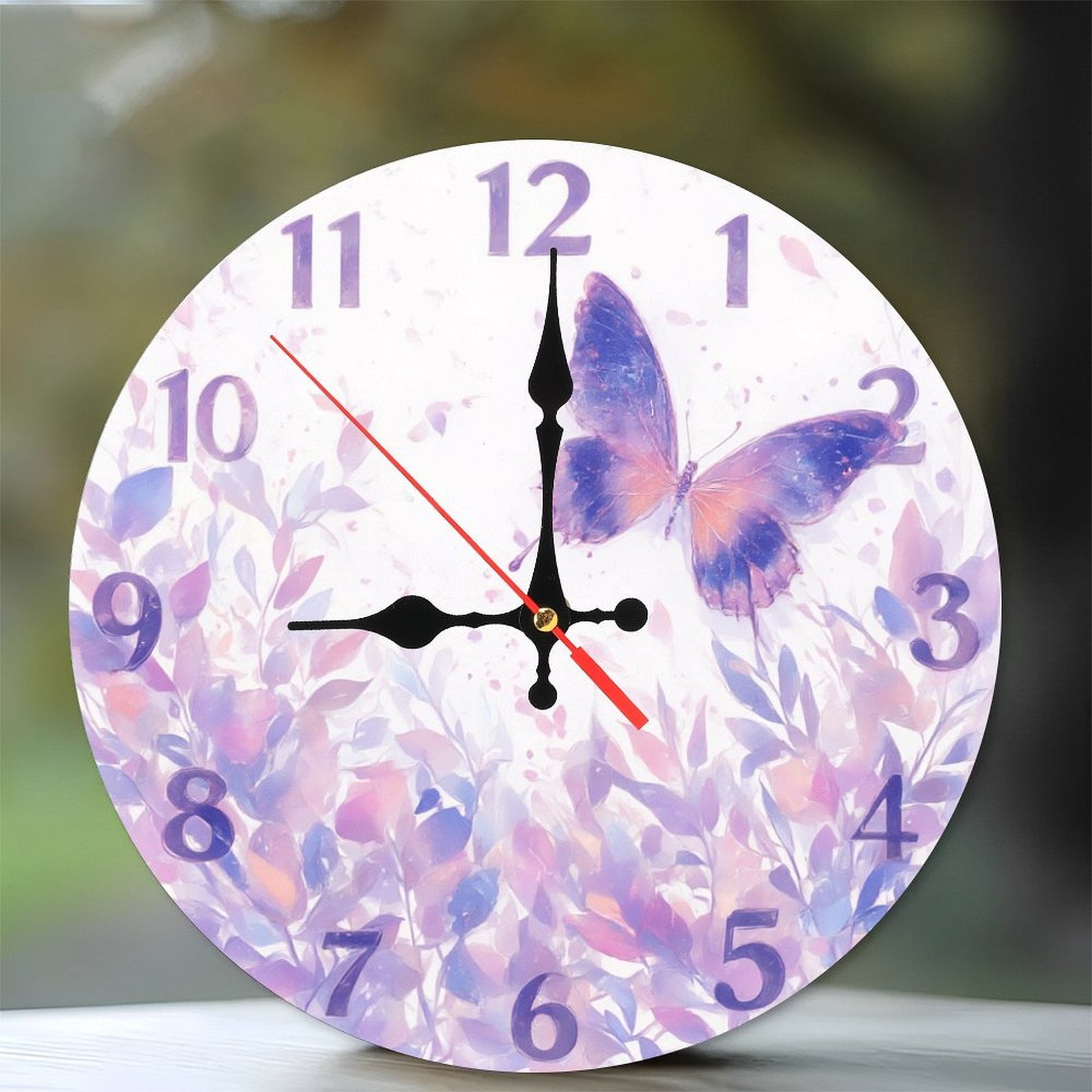 Purple Butterfly Watercolor Floral Wall Clock Home Decor 10-Inch Silent ...