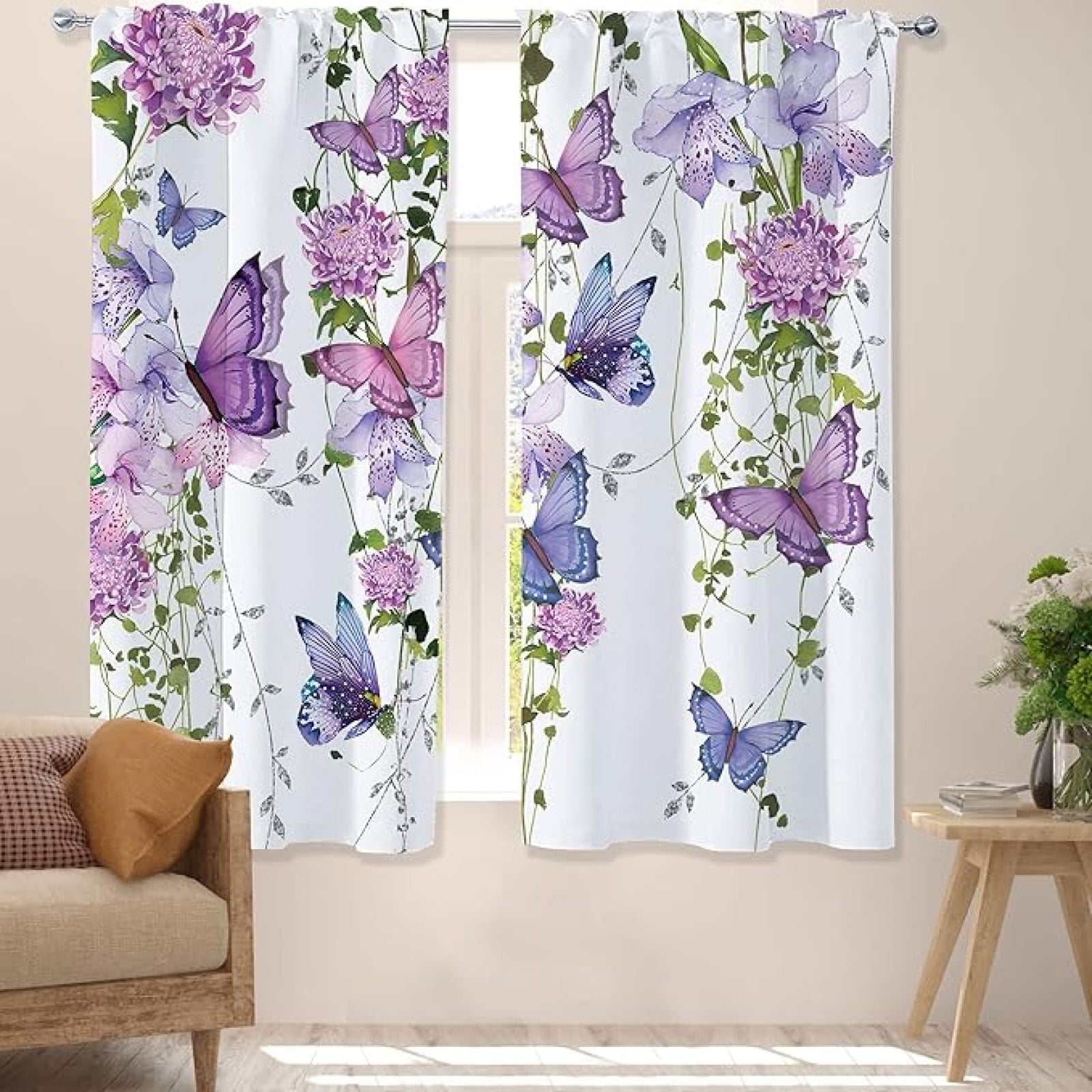 Purple Butterfly Window Curtains Rod Pocket Spring Floral Lavender ...