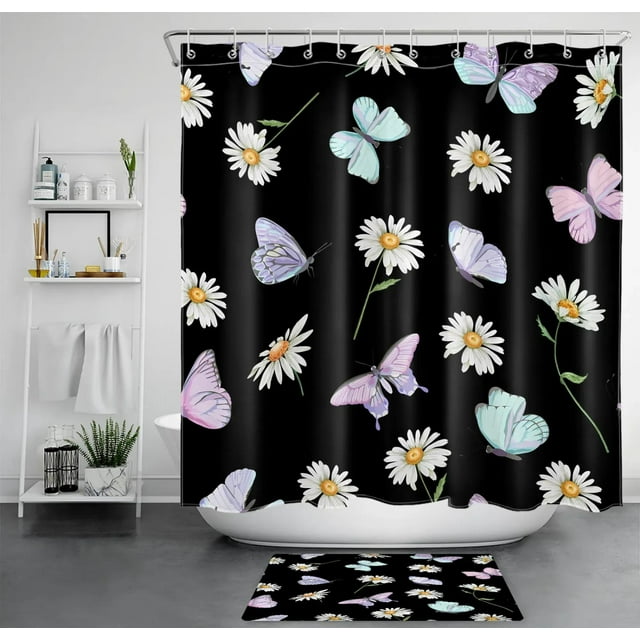 Purple Butterfly And Black Daisy Shower Curtain Set For Country Style