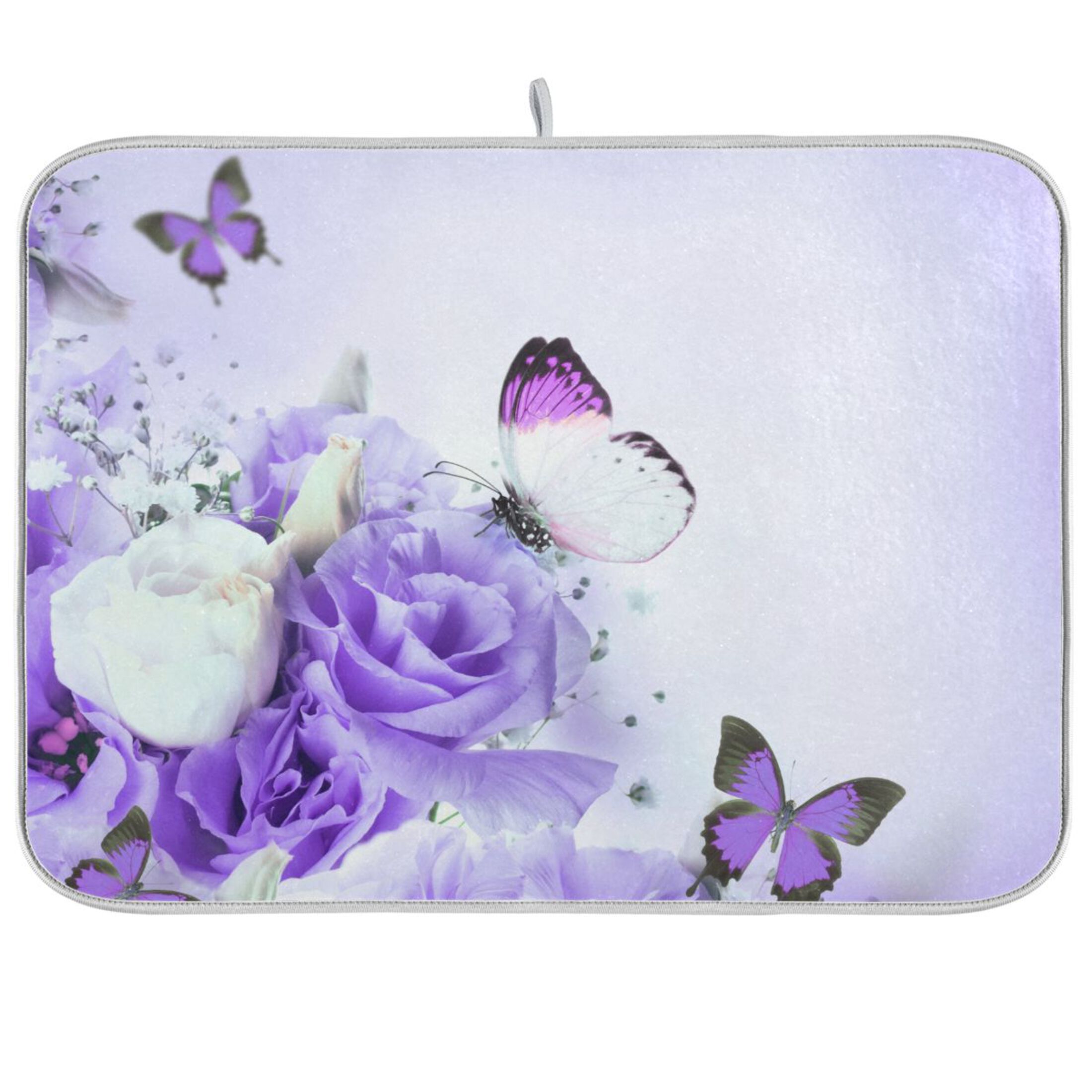 Purple Butterfly and Rose Flowers Dish Drying Mat Microfiber Kitchen ...