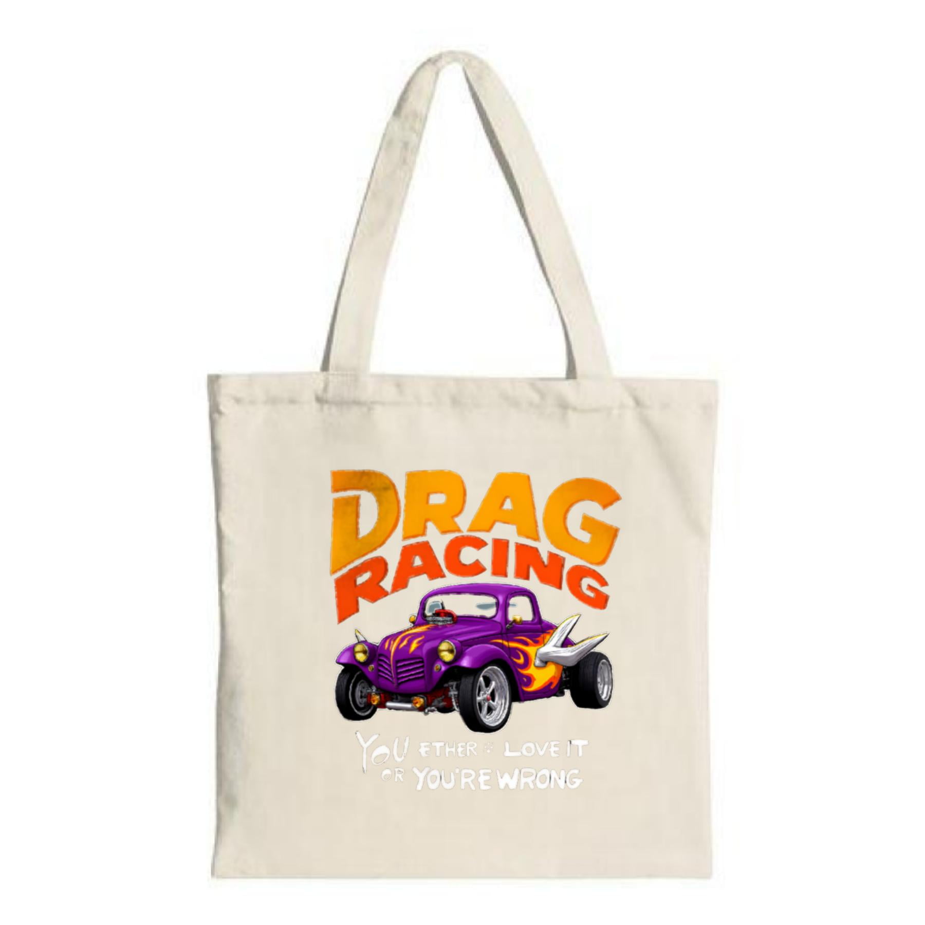Purple Car Tote Bag with Flame Decals Bold ' DRAG RACING ' Text and ...