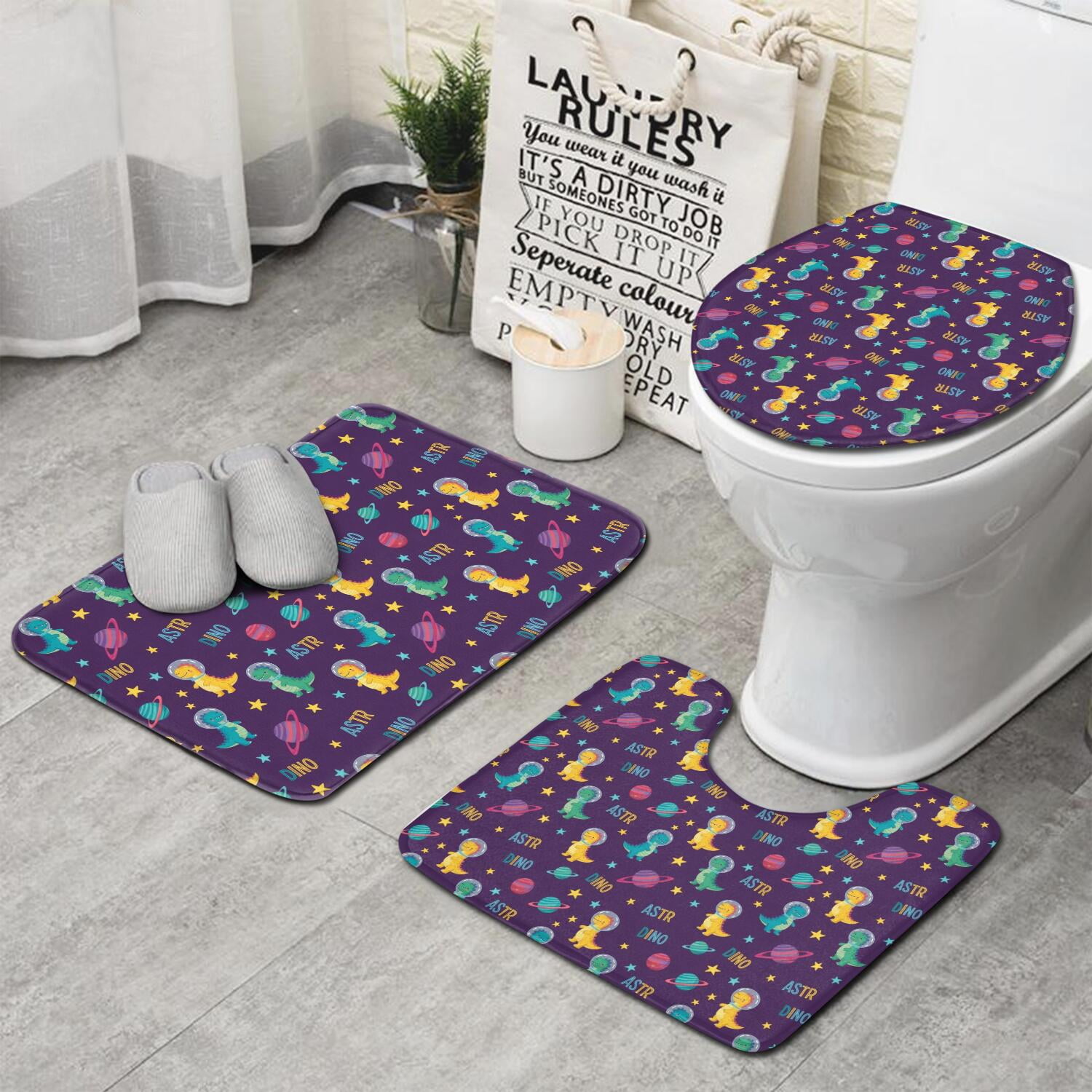 Purple Cartoon Dinosaurs Planets Stars Pattern Bathroom Rugs Sets 3 ...