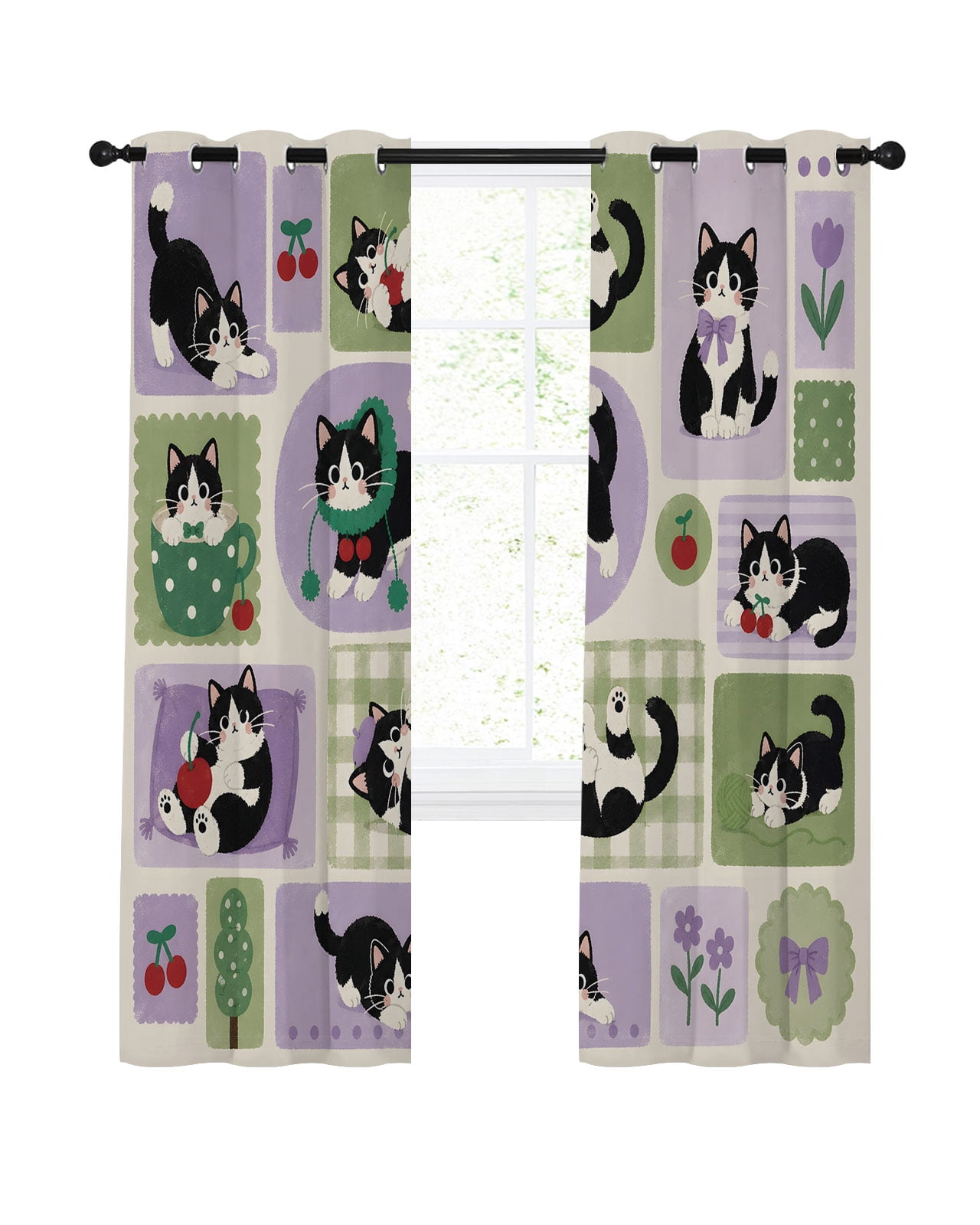 Purple Cat Patchwork Blackout Curtains 45 Inches Length, Farmhouse ...