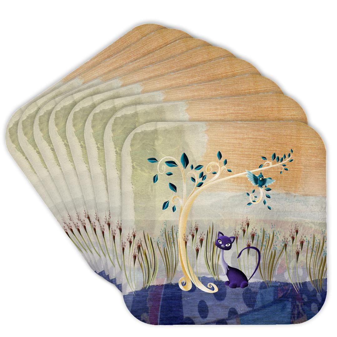 3dRose, Purple Cat Under Tree with Aqua Blue Bird on Branch, Pretty ...