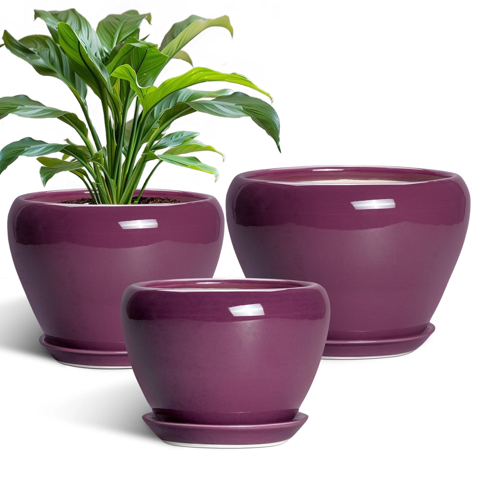 Purple Ceramic Plant Pots Set of 3 – 6, 8, 10 Inch Round Flower Pots ...