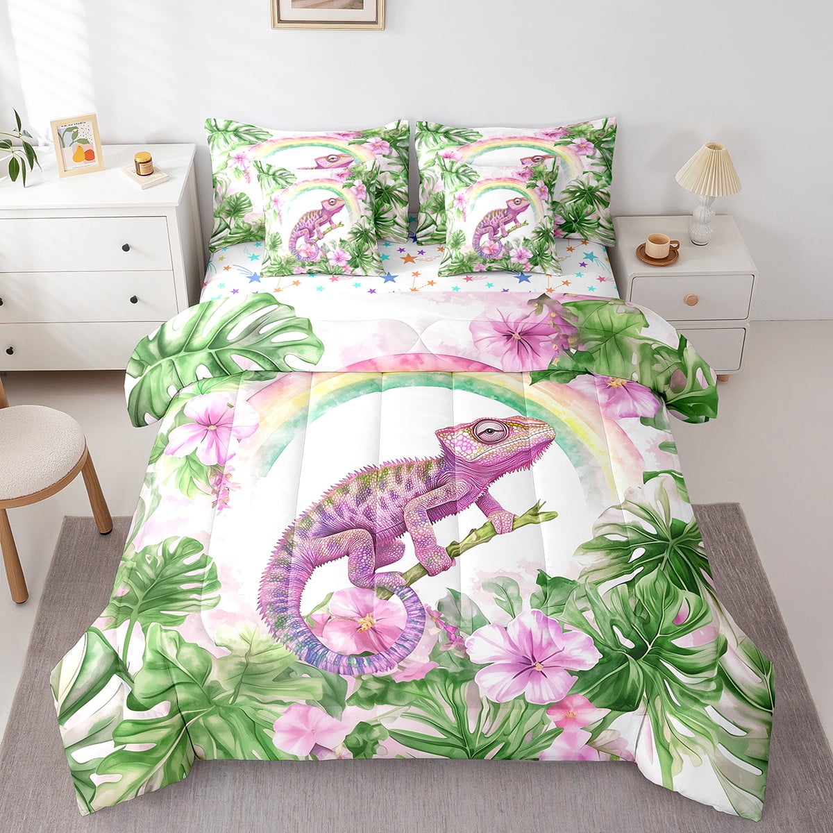 Purple Chameleon Bed in a Bag King Size 7 Piece Green Palm Leaves Print ...