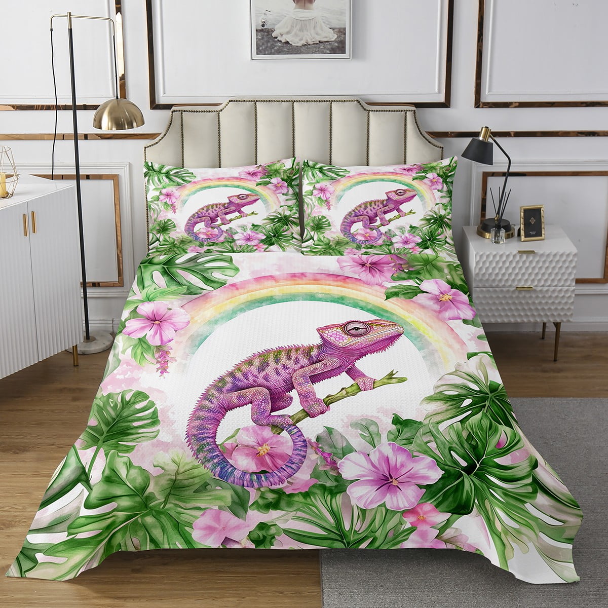 Purple Chameleon Quilt Set Queen Size Green Palm Leaves Print Bedspread ...