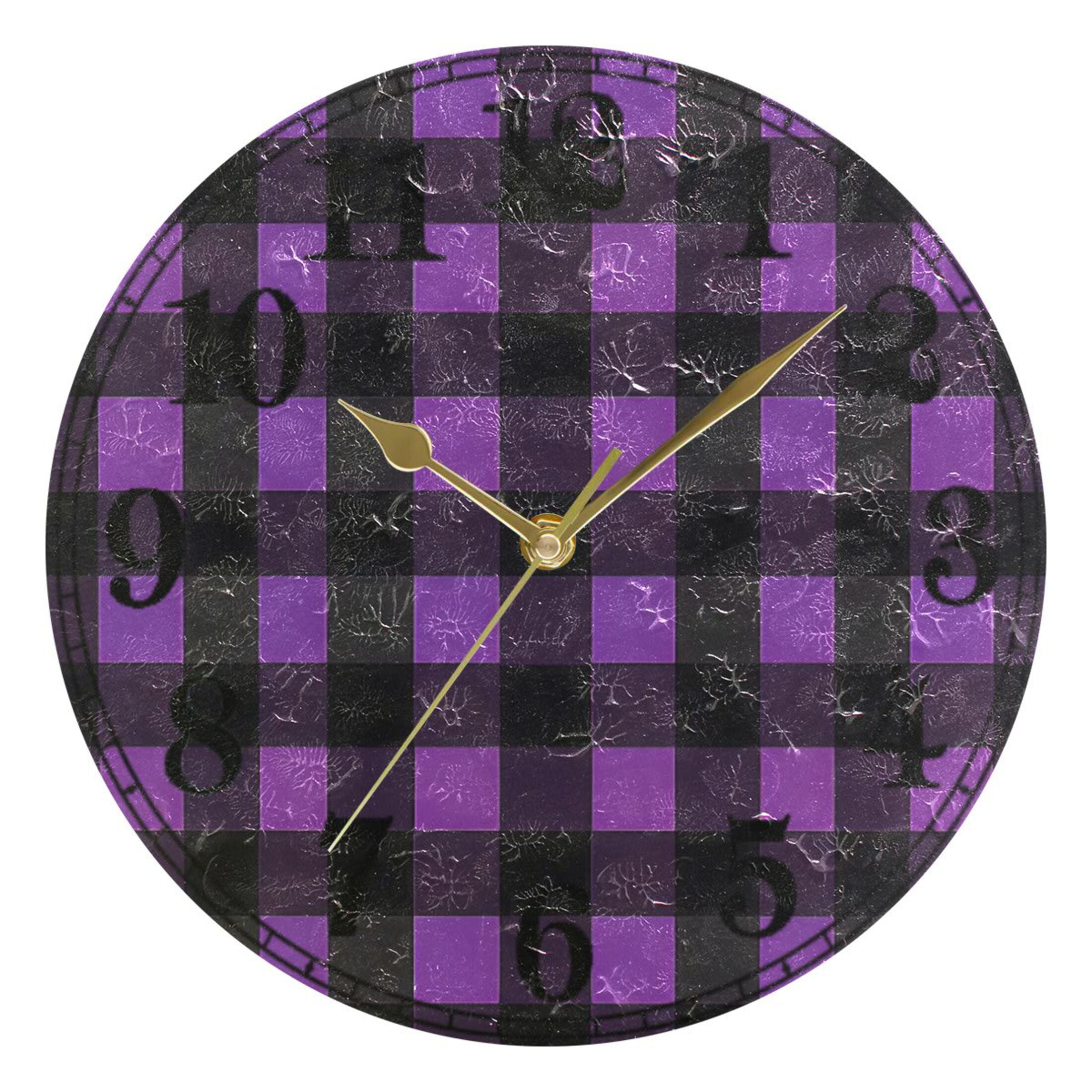 Purple Checkered Grid Pattern Silent Wall Clock 10" Non-Ticking Battery ...