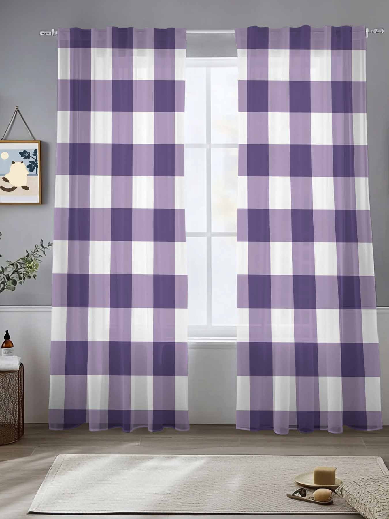 Purple Checkered Sheer Curtains for Living Room Bedroom Farmhouse ...