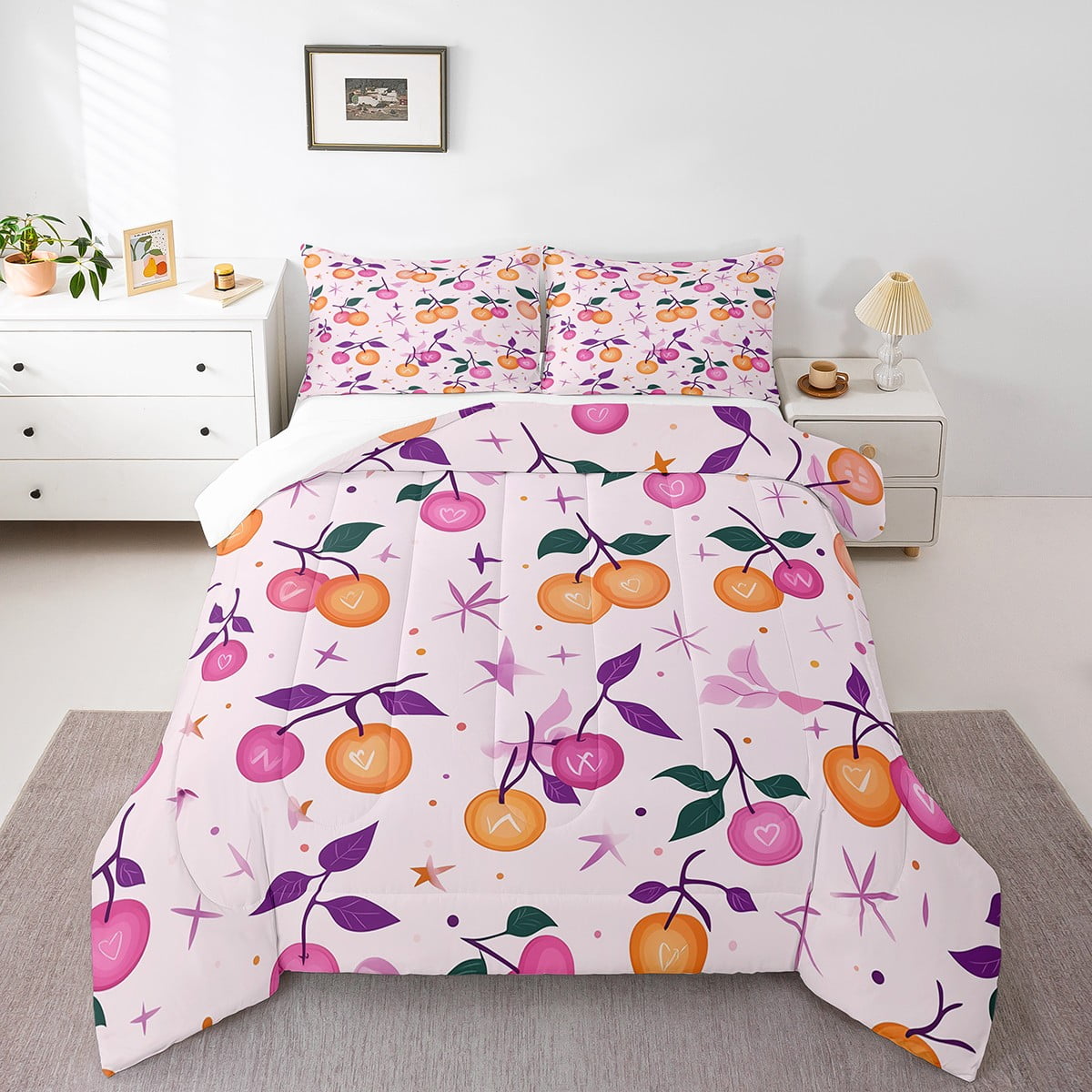 Purple Cherry King Down Comforter Cute Fruit Print Comforter Sets ...