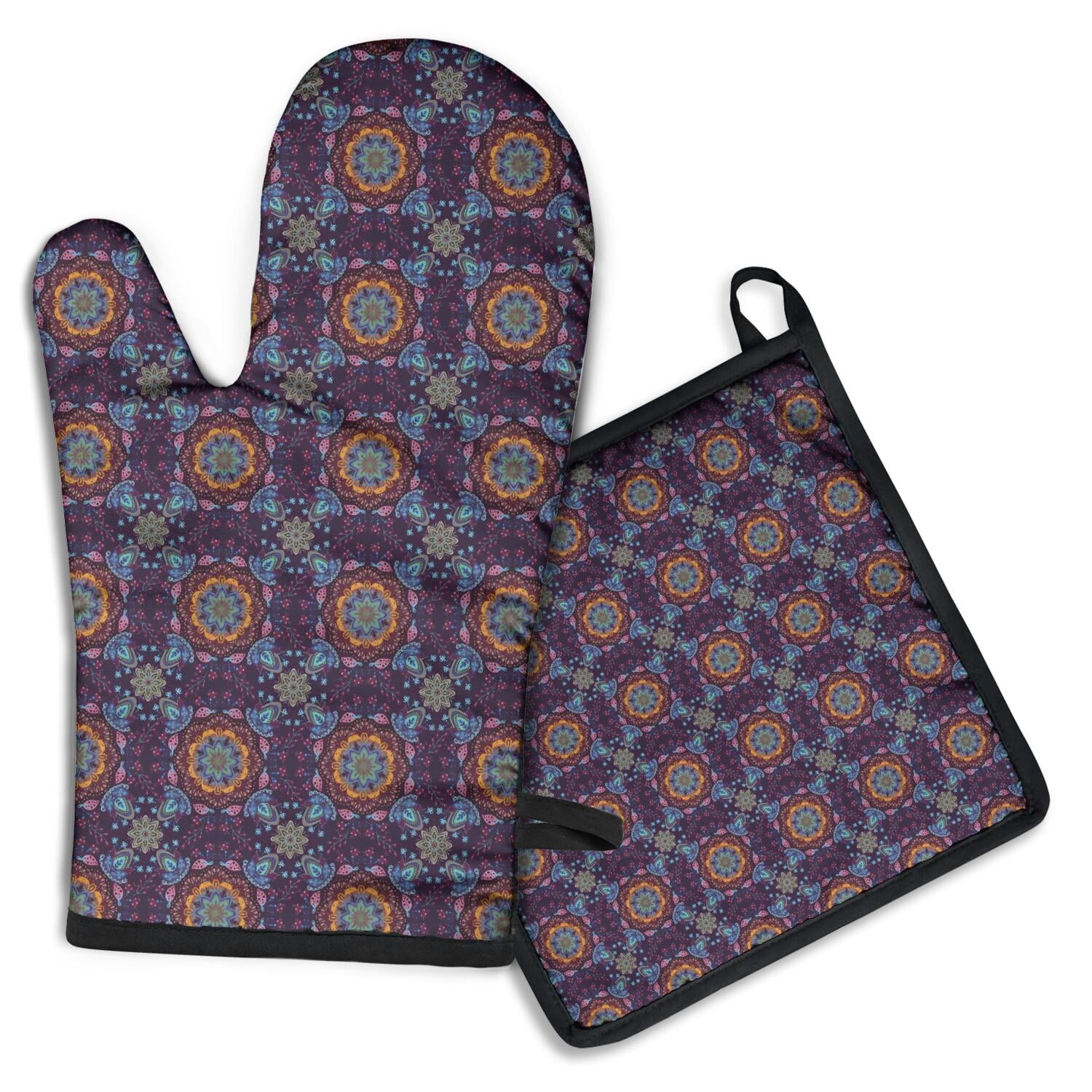 Purple Circular Floral Pattern Kitchen Oven Mitt and Pot Holder Sets 4 ...