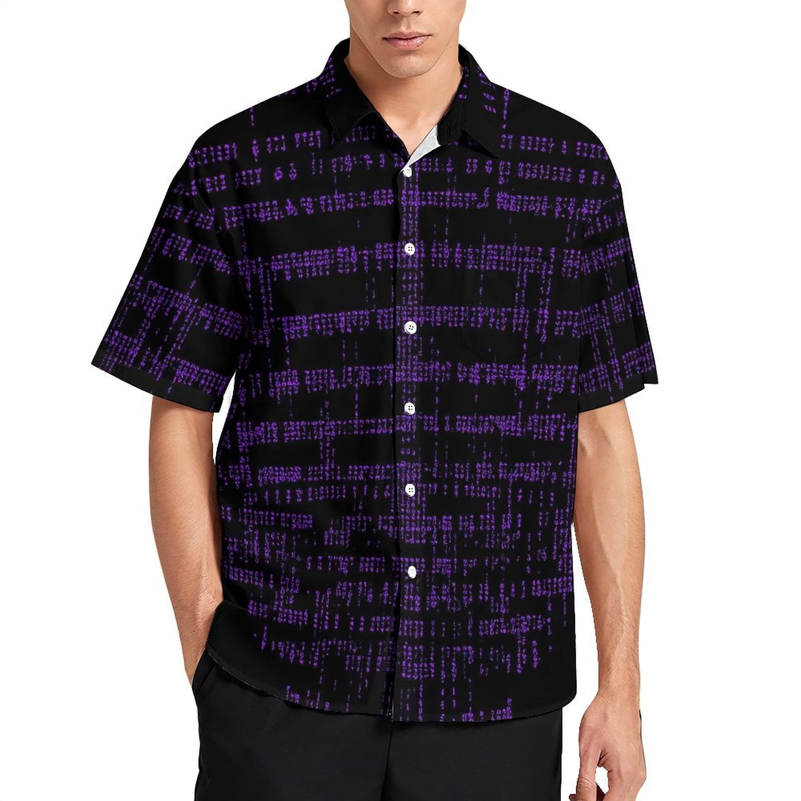 Purple Code Digital Rain Art Men's Shirt Short Sleeves Printed Button ...
