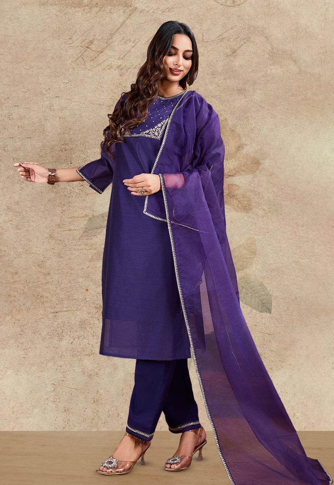 Purple Colour Round Neck Embroiderd Chanderi Kurta with Silk Creap ...
