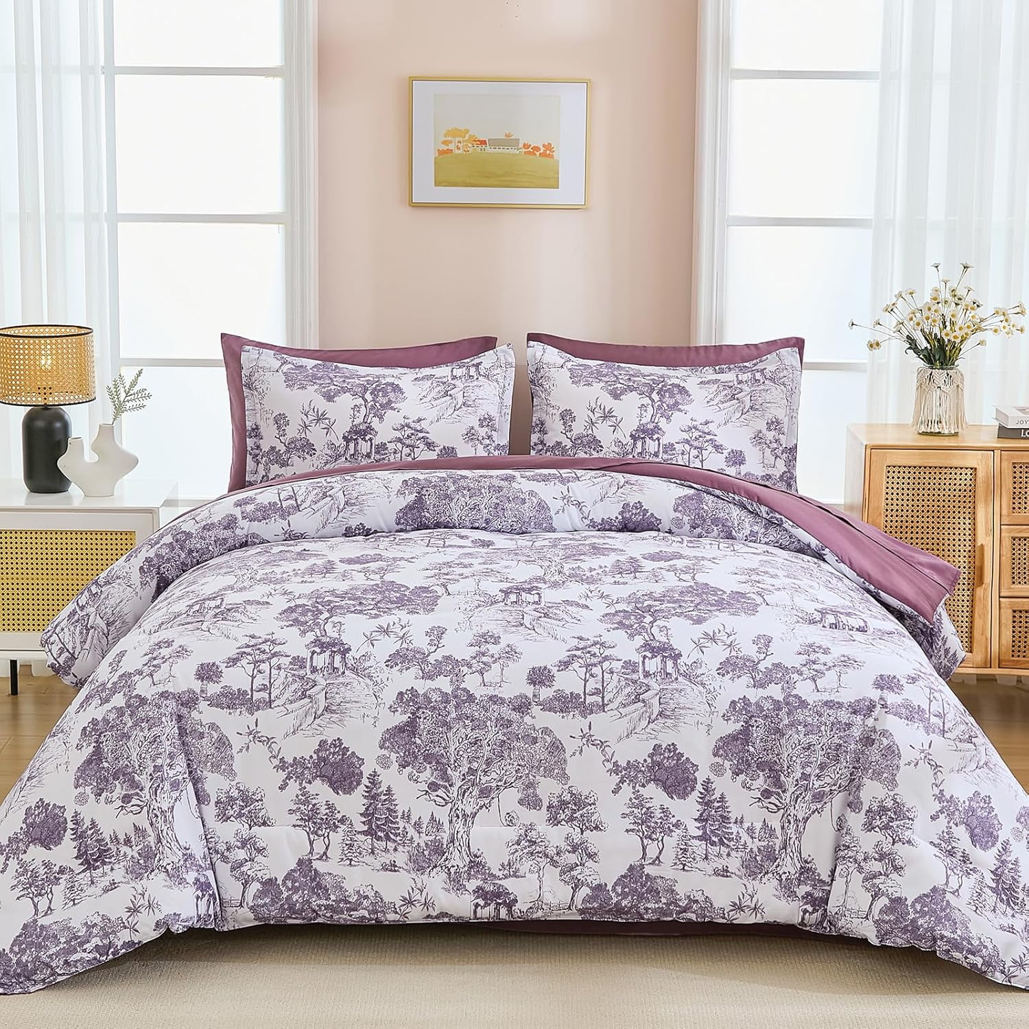 Purple Comforter Set Queen, 7 Pieces Dark Purple Botanical Comforters ...