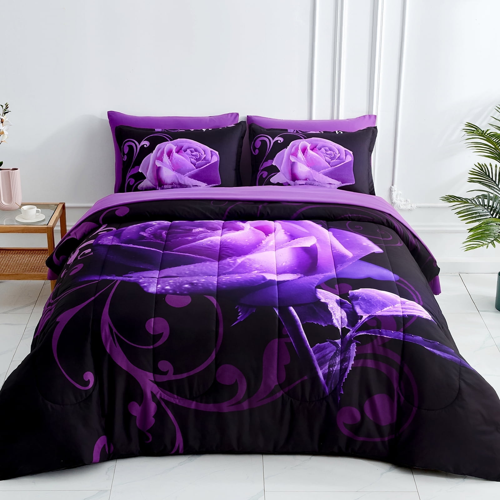Dinjoy Comforter Set 7 Pieces Purple Rose Bedding Sets Bed in a Bag ...