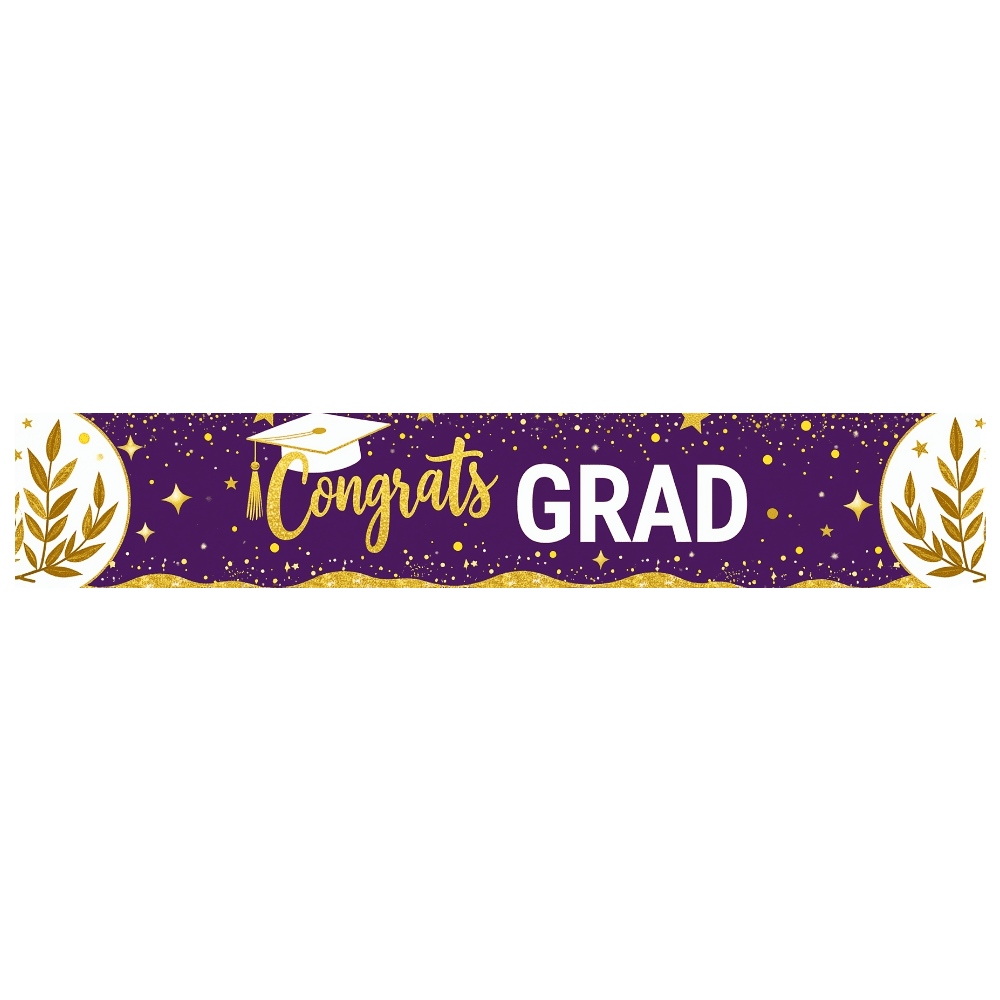 Purple Congrats Grad Banner with Golden Elements Balloons and Tassel ...
