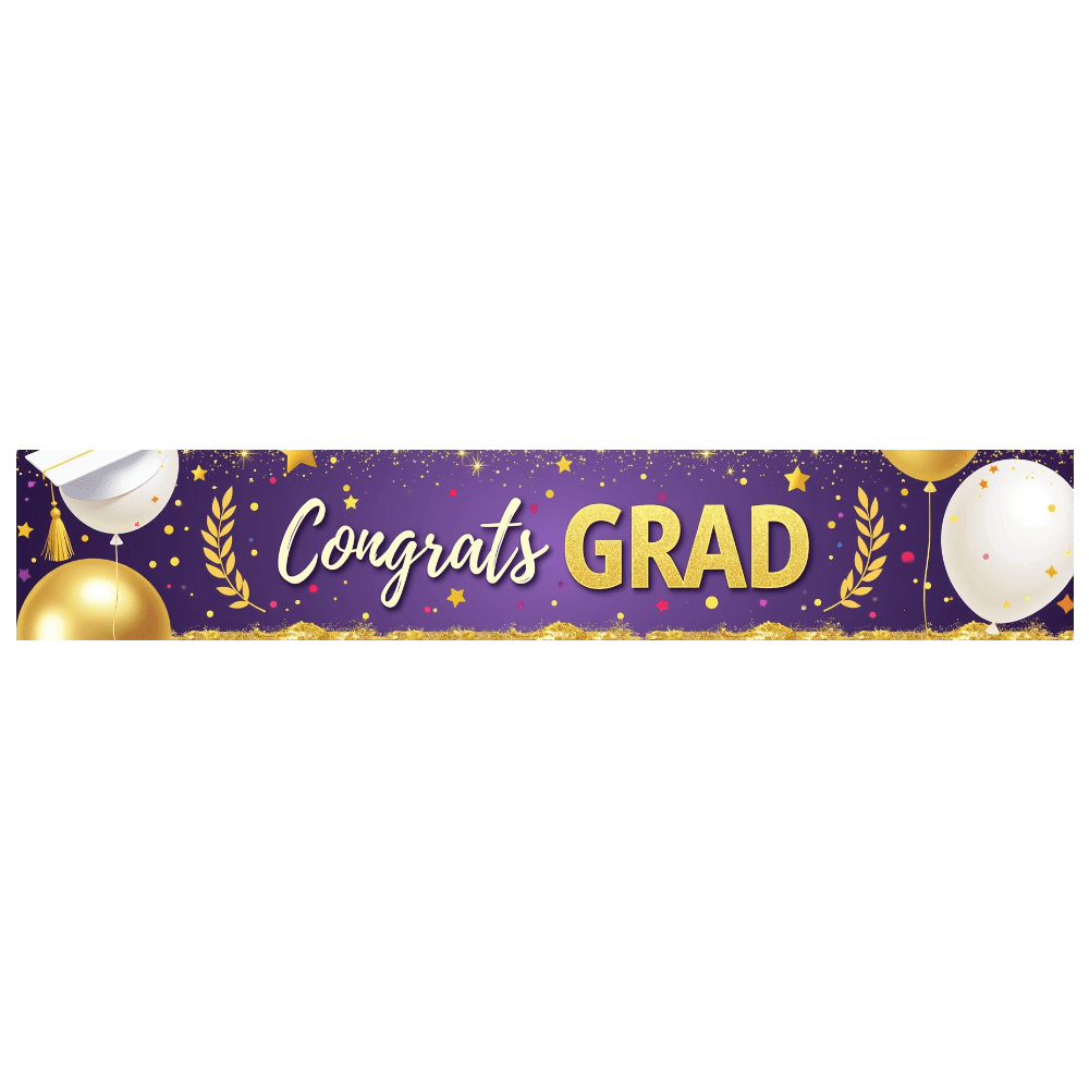Purple Congrats Grad Banner with Golden Elements Balloons and Tassel ...