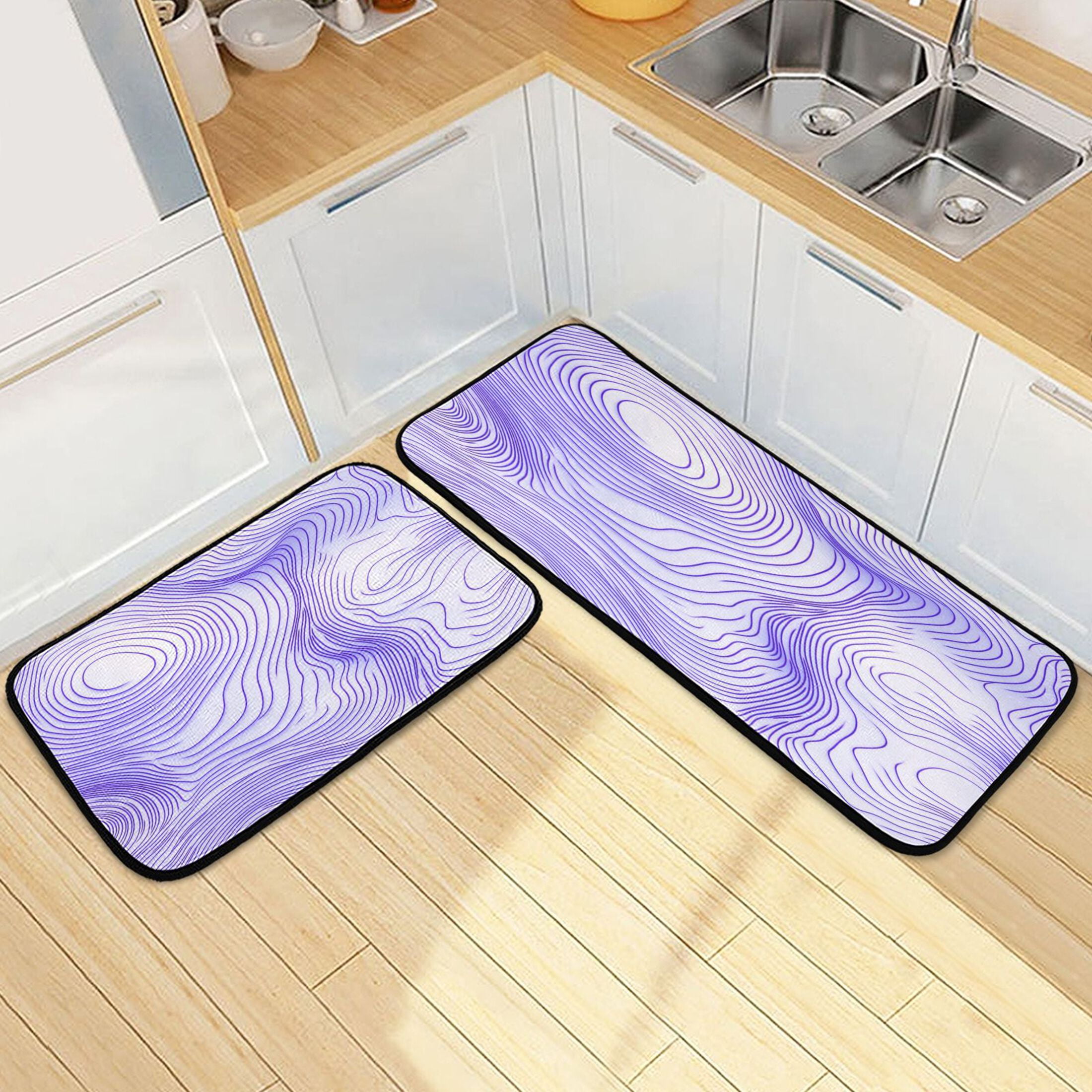 Purple Contour Lines Pattern 2 Piece Non Slip Kitchen Mat Set with Soft ...