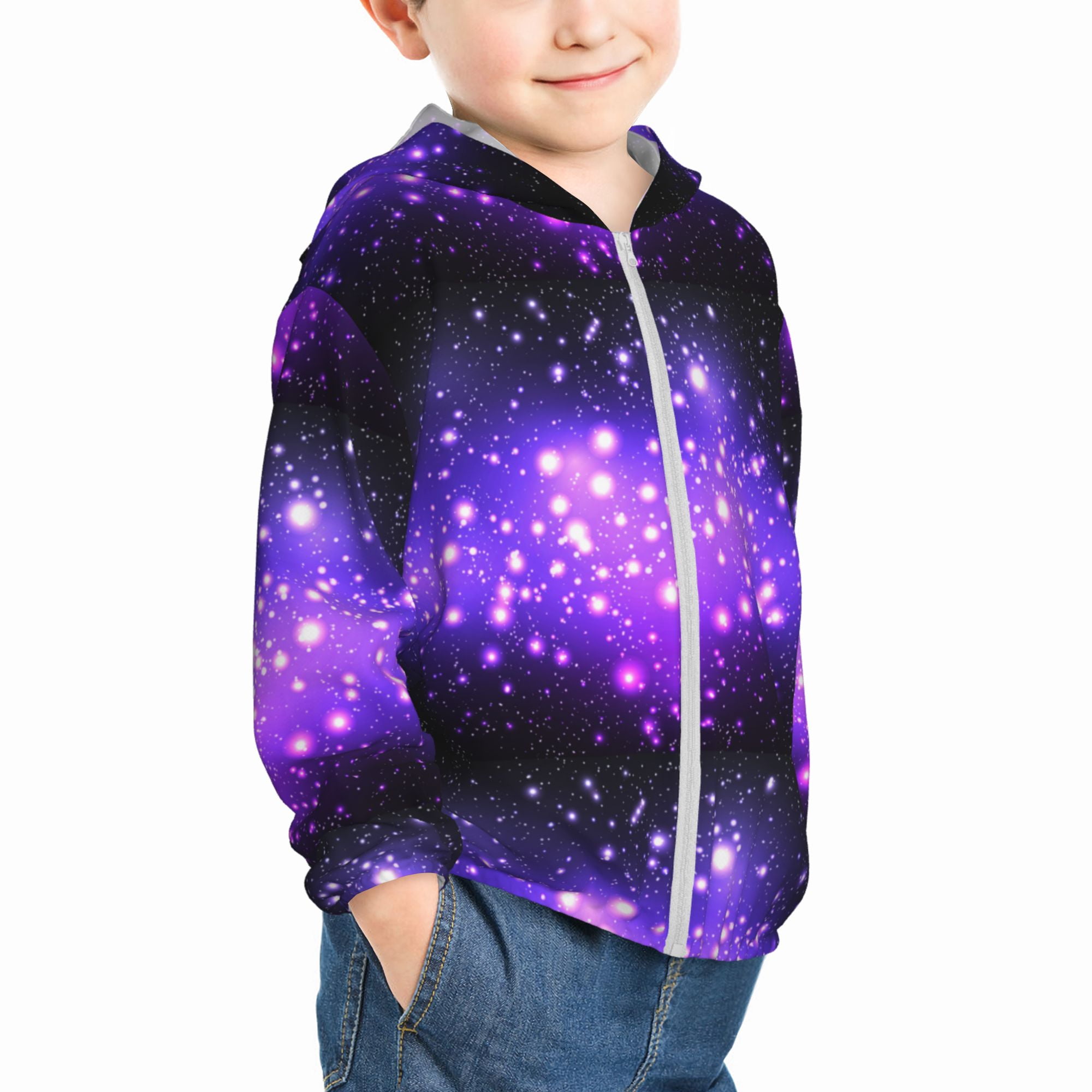 Purple Cool Starry Sky Background Kids Zip-Up Hoodie Girls Boys Sun Protection Jacket Hooded ...