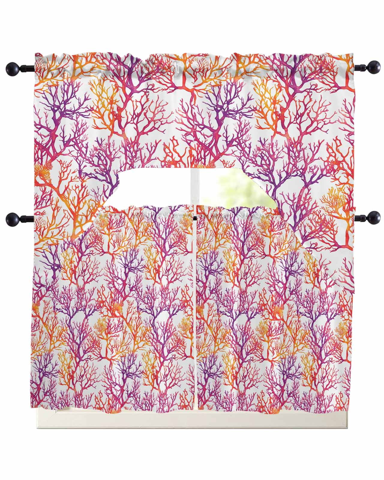 Purple Coral Coastal Kitchen Curtains Swag Valance and Tier Curtains Set 36 Inch Length, Summer ...
