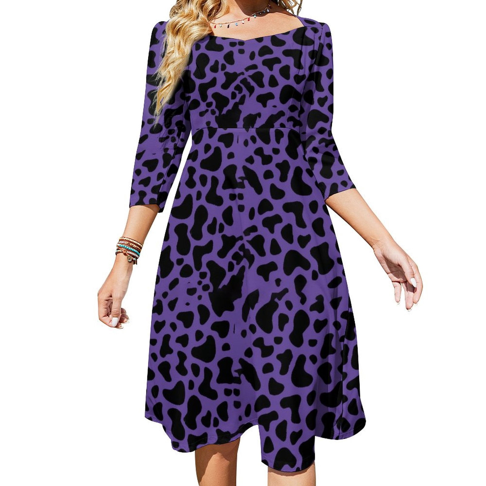 Purple Cow Pattern Sweetheart Knot Flared Dress Fashion Design Large ...