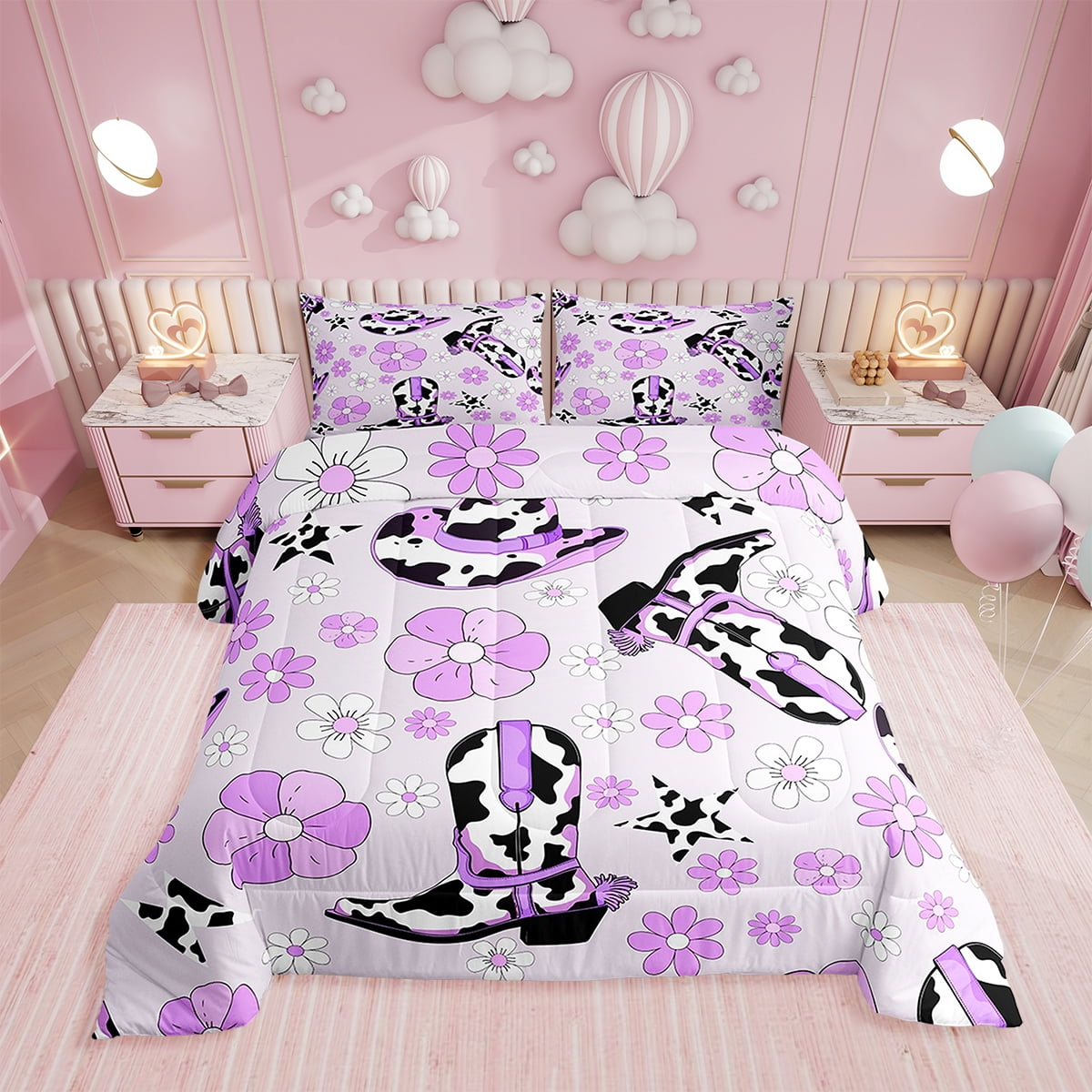 Purple Cowgirl Boot Hat Bedding Set,Western Milk Cow Print Comforter ...