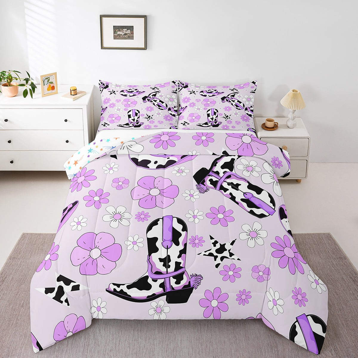 Purple Cowgirl Boot Hat Twin Bedding Set,Western Milk Cow Print ...