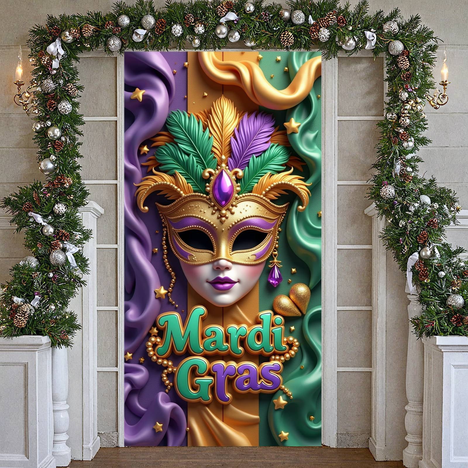 Purple Crawfish Mardi Gras Banner Colorful Beads Welcome Display Ornate ...