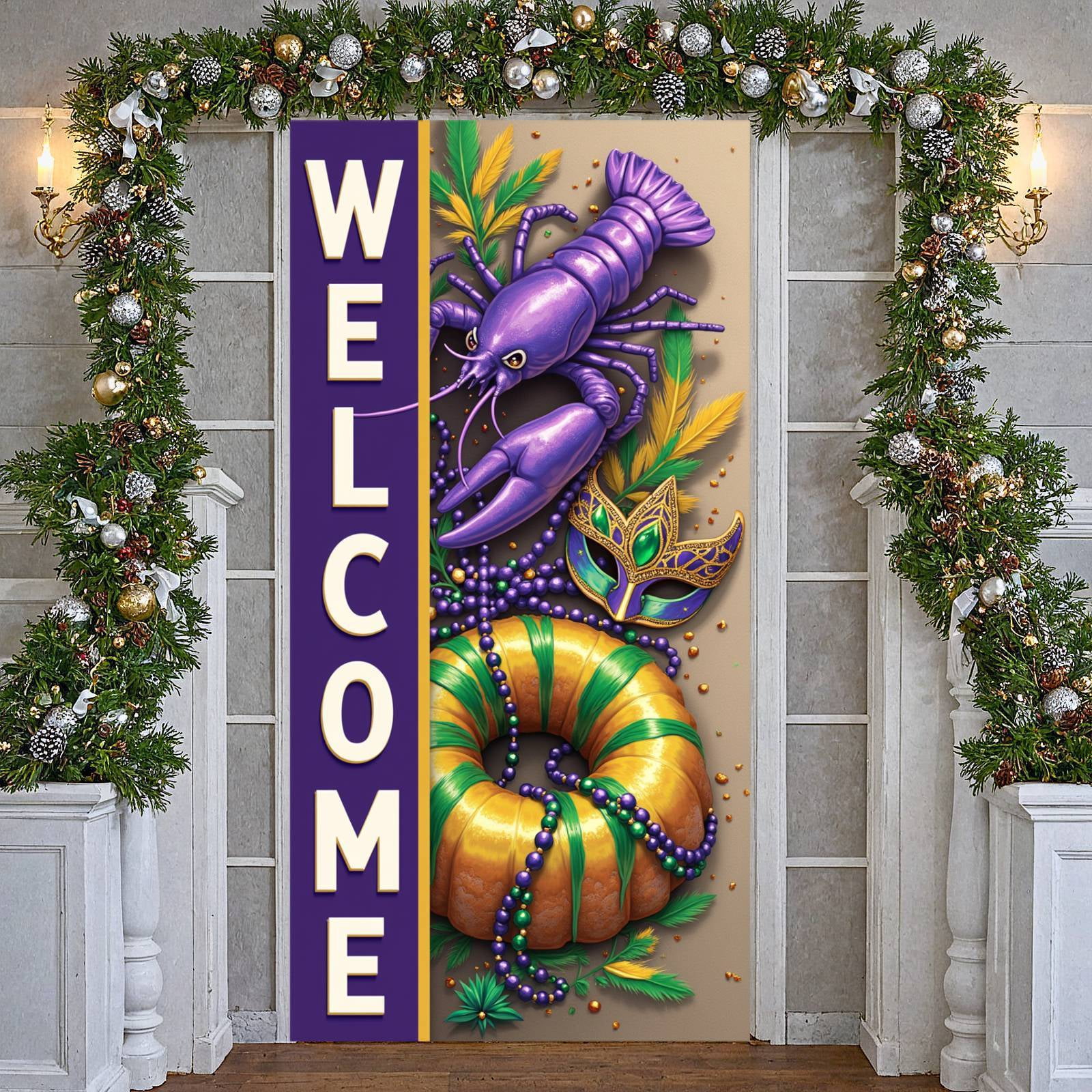 Purple Crawfish Mardi Gras Banner Colorful Beads Welcome Display Ornate ...