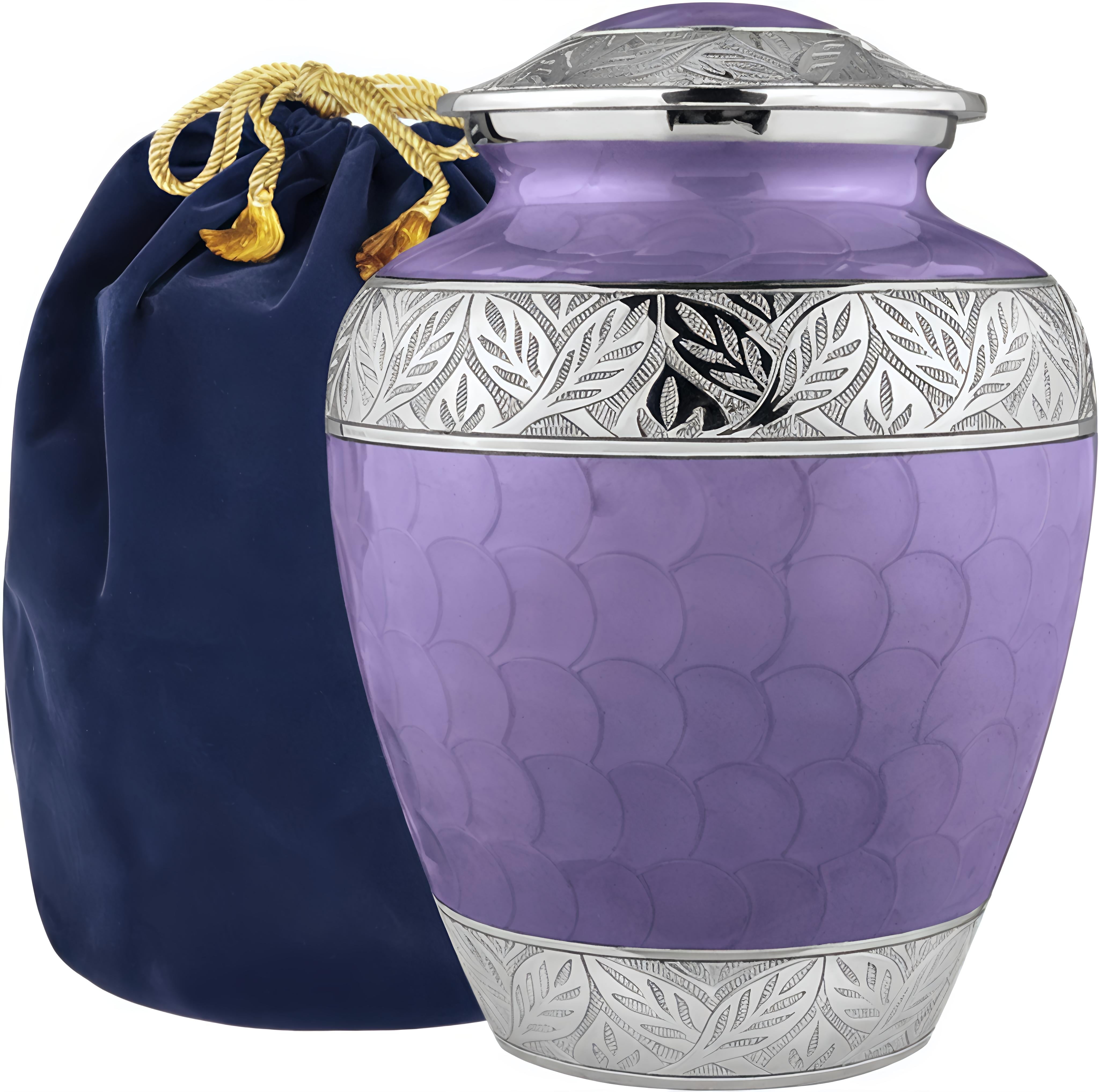 Purple Cremation Urn For Ashes Ceramic Urn With Silver Coated Design ...