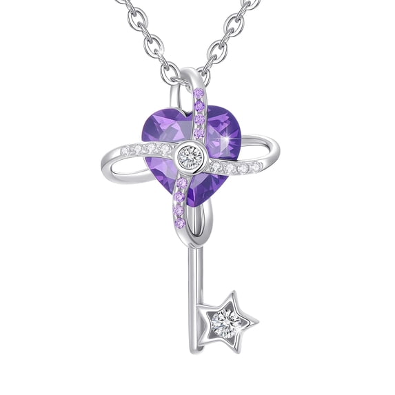 Purple Crystal Heart Key Pendant Necklace 925 Sterling Silver Love Key ...