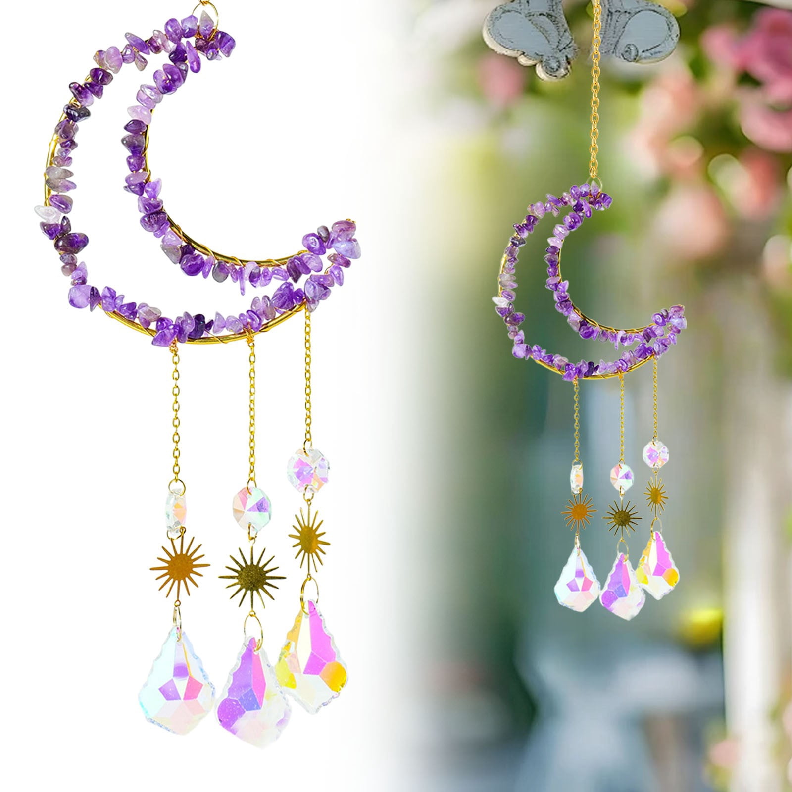 Purple Crystal Wind Chime, Handwoven Amethyst Wind Catcher, Sun and ...