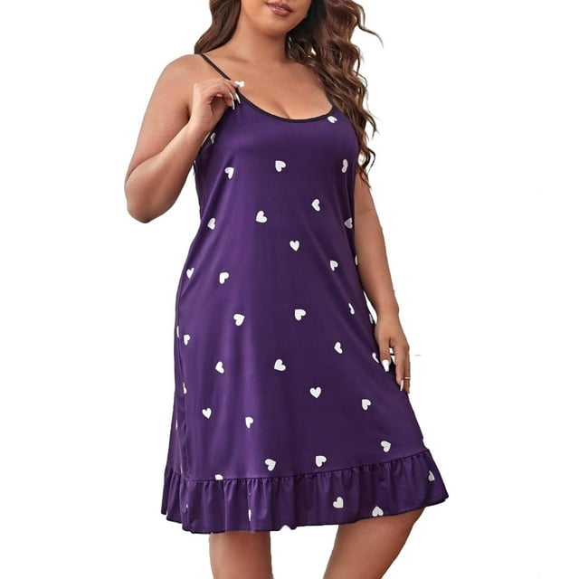 Purple Cute All Over Print Spaghetti Strap Slip Dress Sleeveless Plus ...