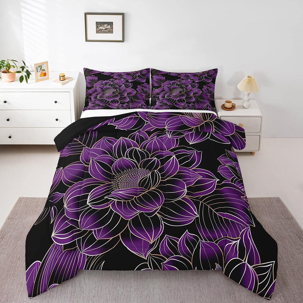 Purple Dahlia Comforter Set Abstract Lotus Flowers Down Comforter,Boho ...
