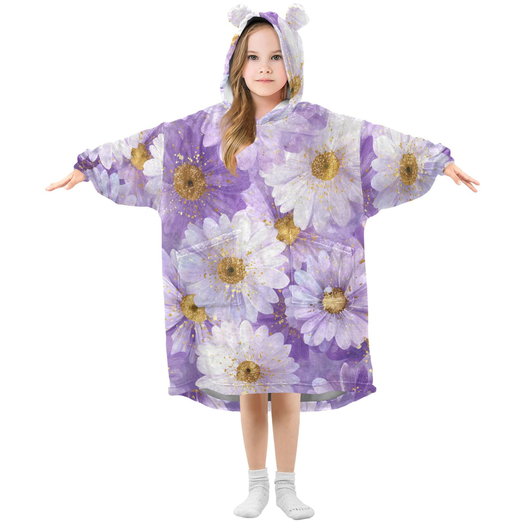 Purple Daisy Flowers Flannel Wearable Blankets Hooded Design Long ...