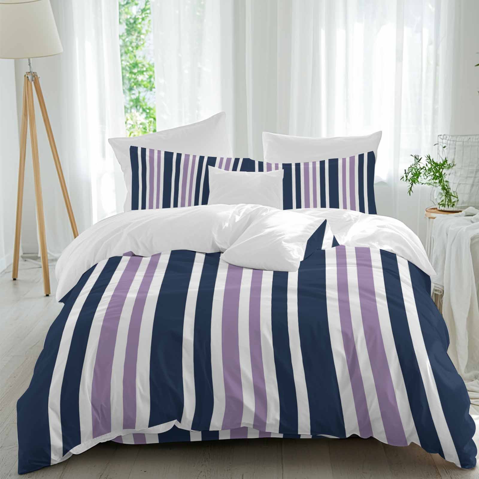 Purple Dark Duvet Cover Set Full Size, Blue Striped Minimalist Contrast ...