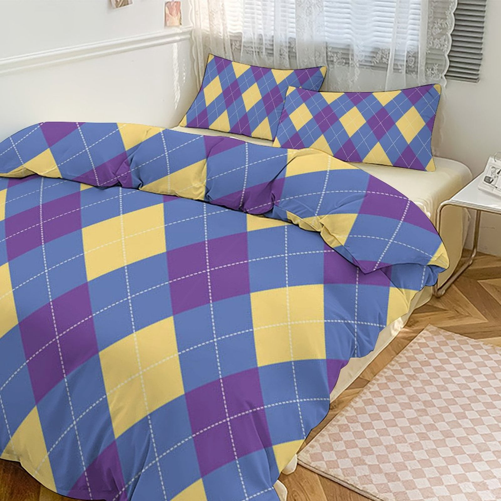 Purple Diamond Grid Color Bedding Set Couple Bedclothes Pillowcase ...