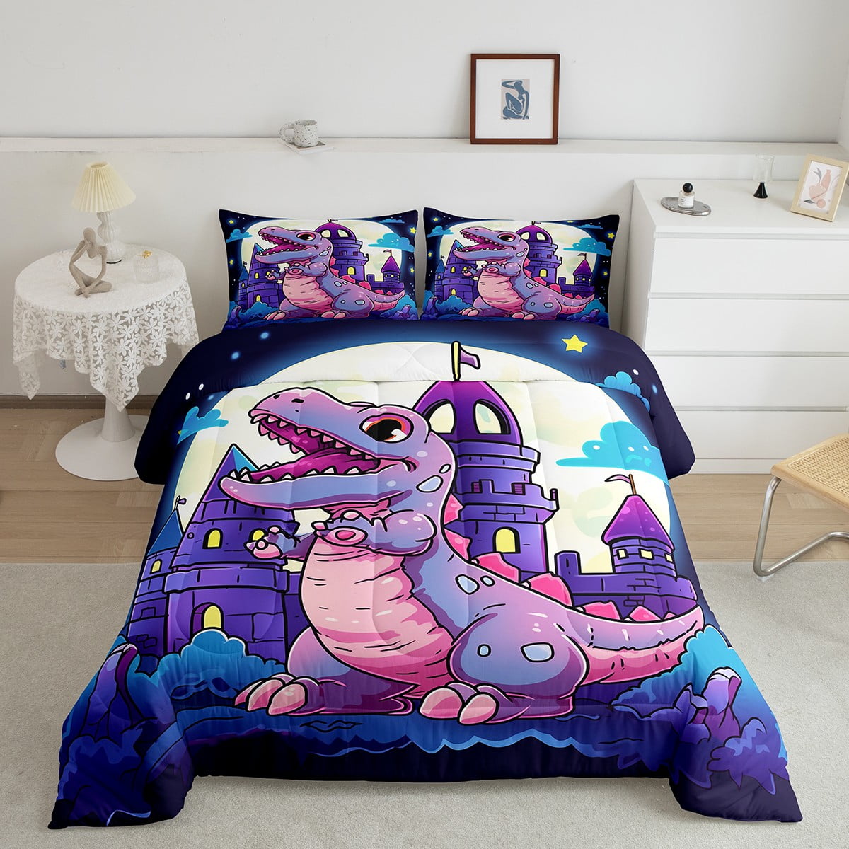 Purple Dinosaur Bedding Set,Cute Cartoon Dinosaur Comforter Set Bedroom ...