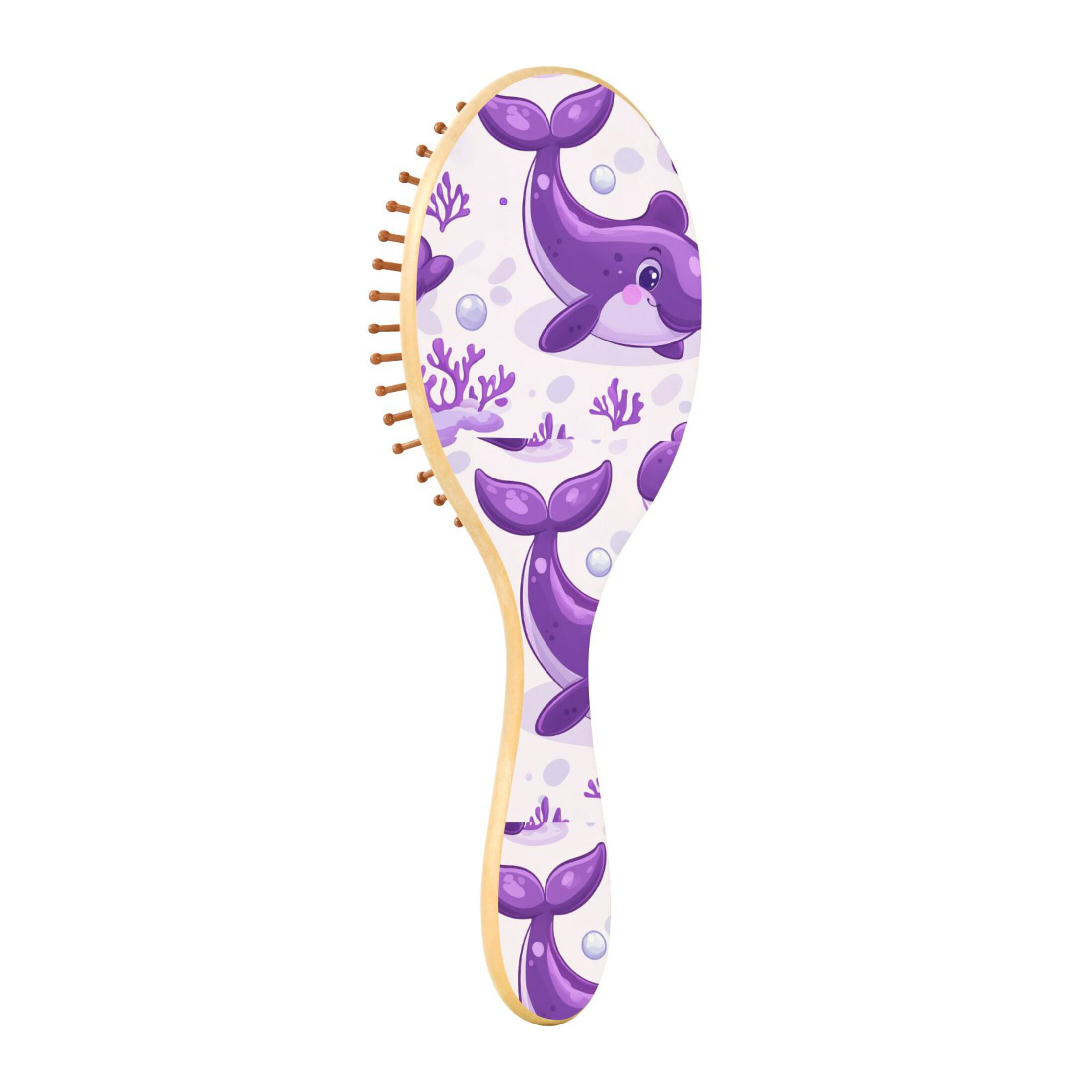 Purple Dolphin Natural Wooden Hair Brush with Cushion for Gentle Scalp ...